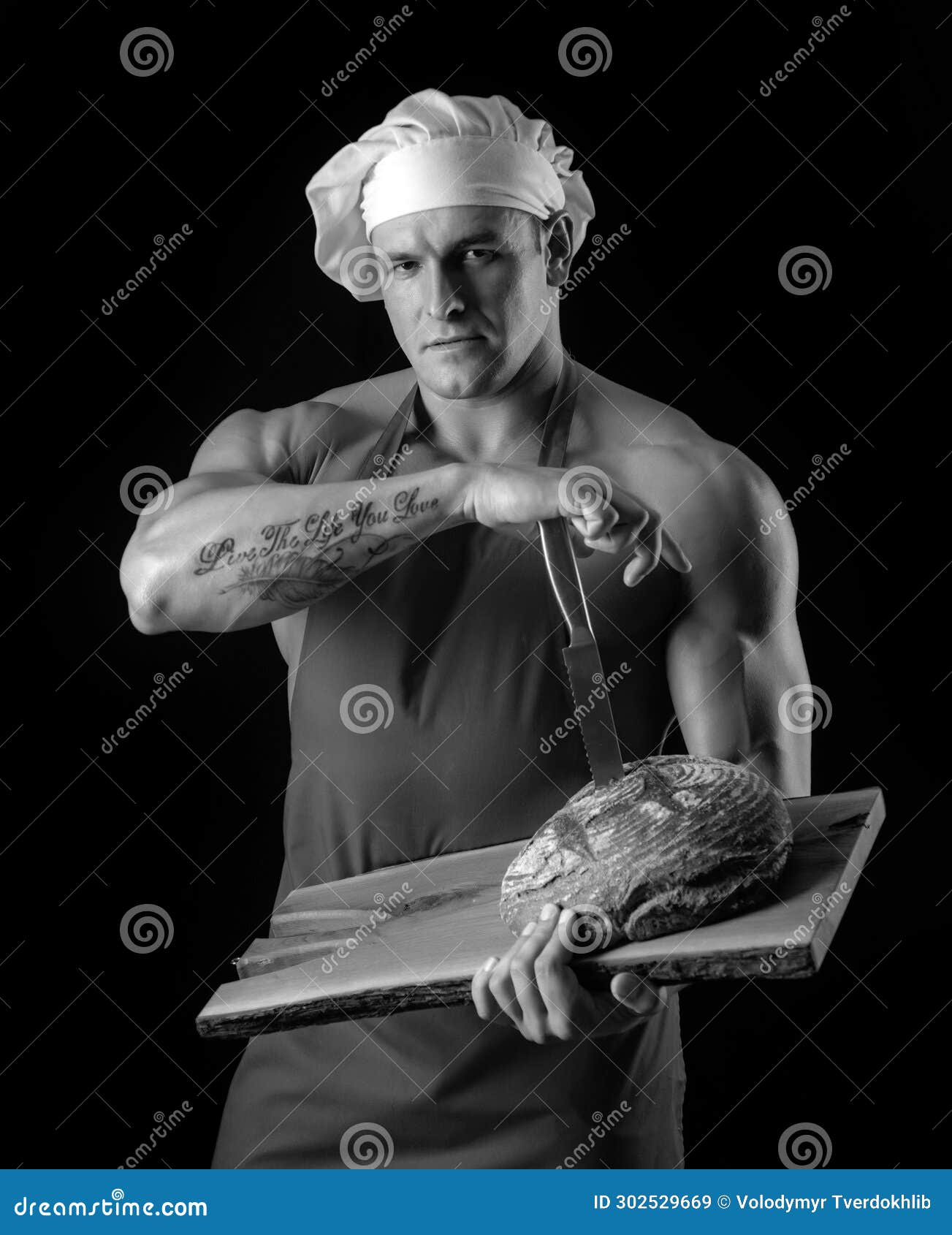 Cooking and Baking. Chef Baker Man in Apron. Guy with Bread and Knife ...
