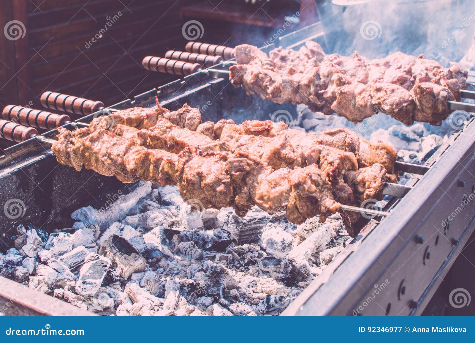 Cooking Barbecue. Pork Meat Roasted on a Spit Stock Image - Image of ...