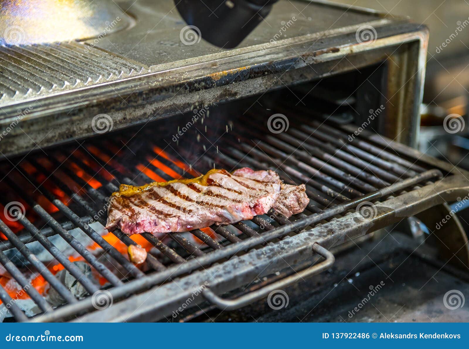 Cooking Beef Steak on a Barbecue Grill. Restaurant, Chef. Open Fire ...