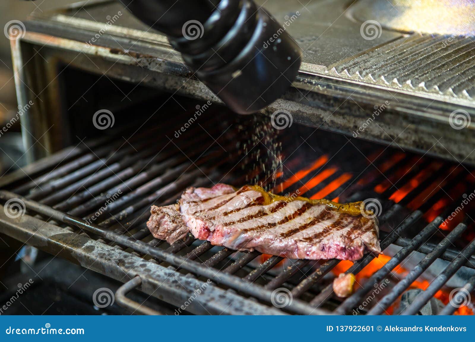 Cooking Beef Steak on a Barbecue Grill. Restaurant, Chef. Open Fire ...