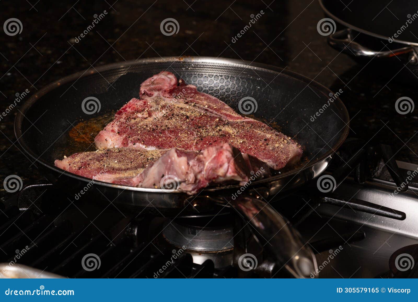 Cooking Beef Steak in Frying Pan Stock Image - Image of bone, heat ...