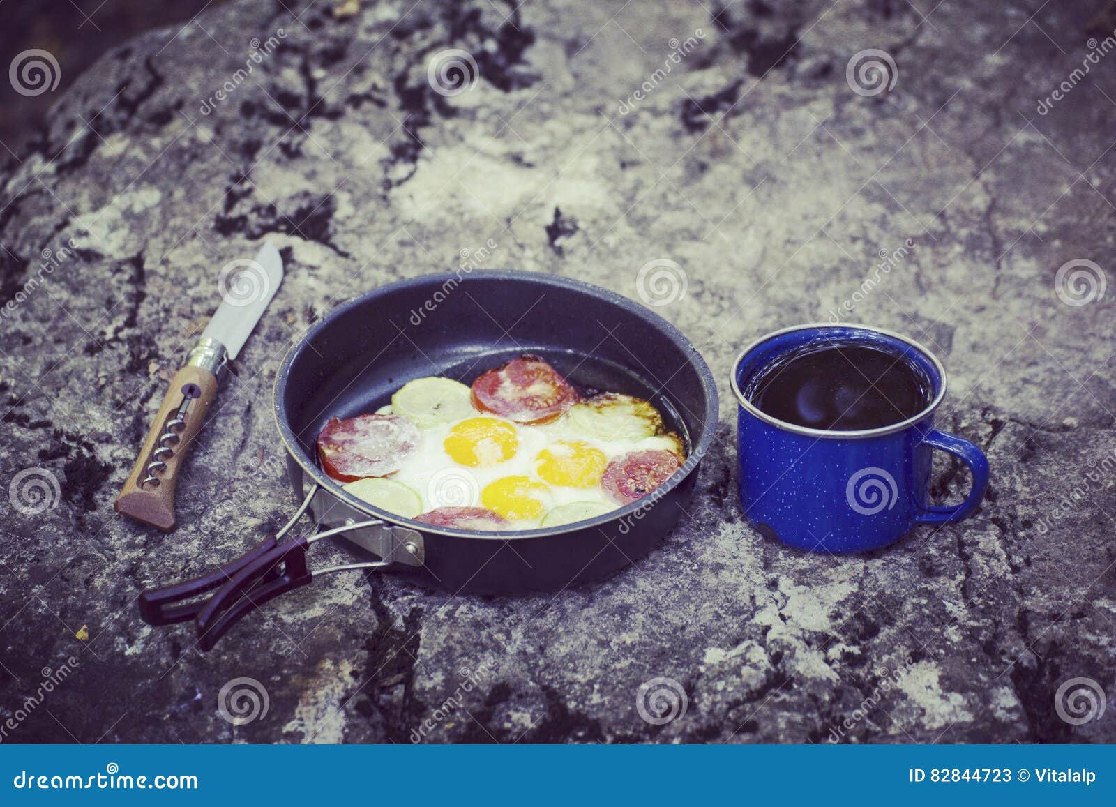 Cooking Breakfast on a Campfire at a Summer Camp. Stock Image - Image ...