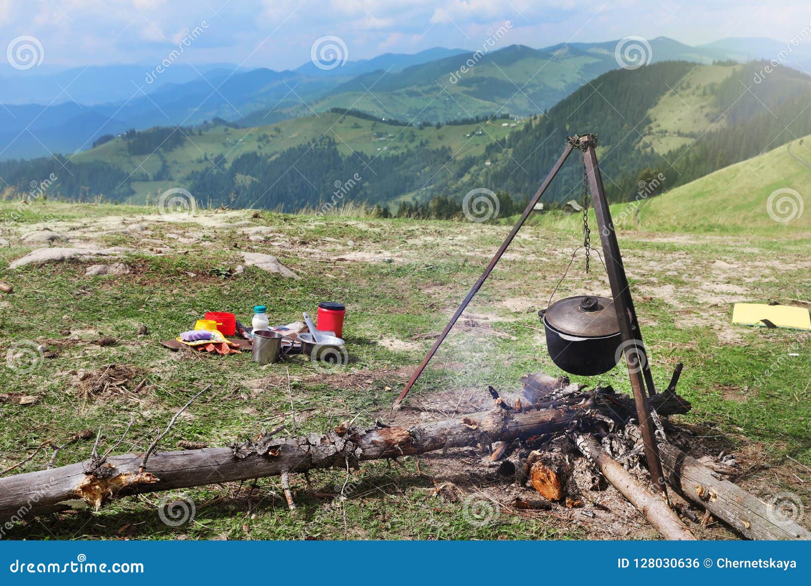 Cooking Breakfast on Fire in Mountains Stock Photo - Image of copy ...