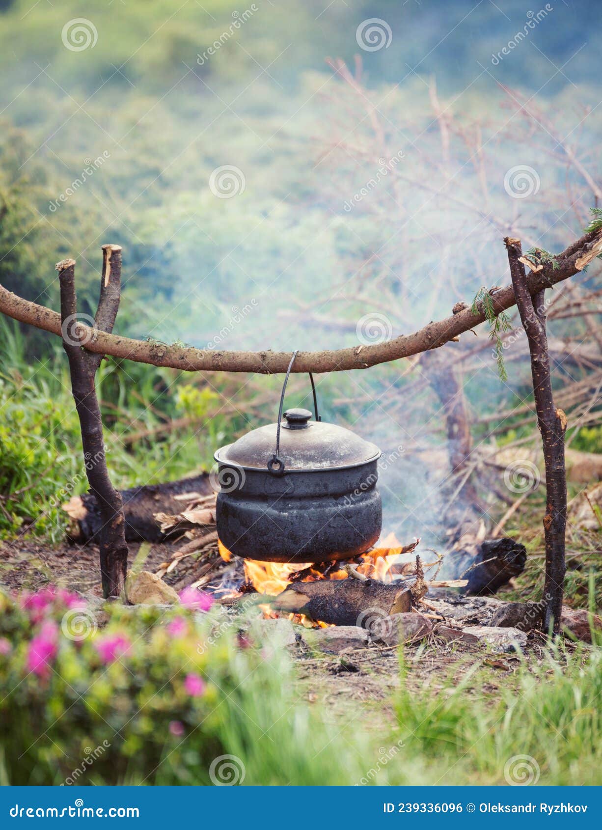 Cooking Breakfast on Fire in Mountains Stock Photo - Image of ...