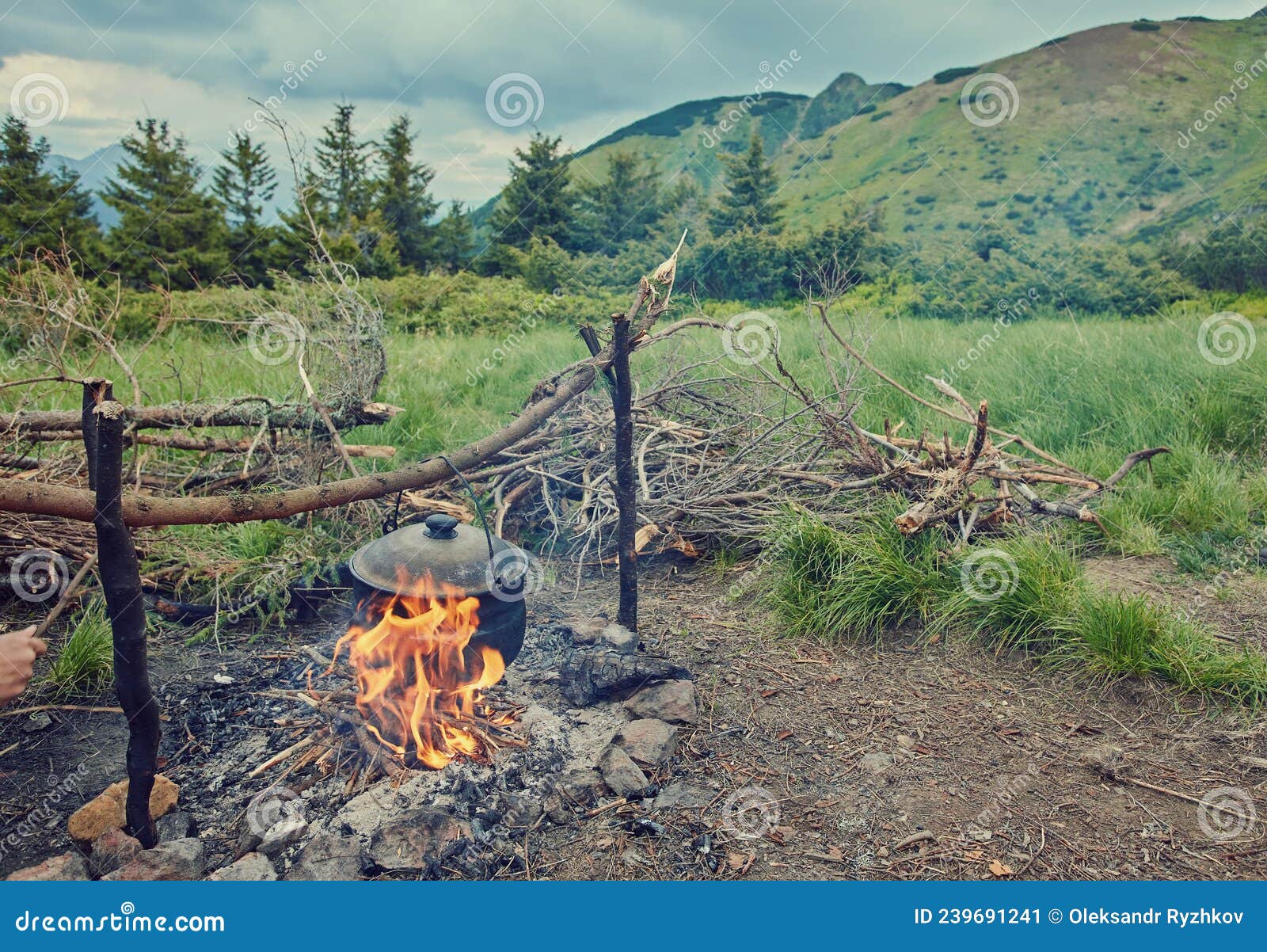Cooking Breakfast on Fire in Mountains Stock Image - Image of camping ...