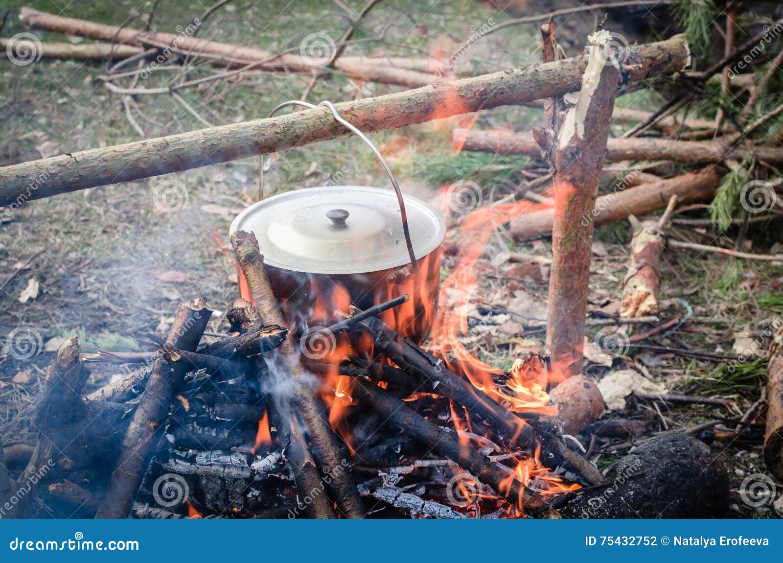 Cooking in the Camp on Open Air Stock Photo - Image of flame, fireplace ...