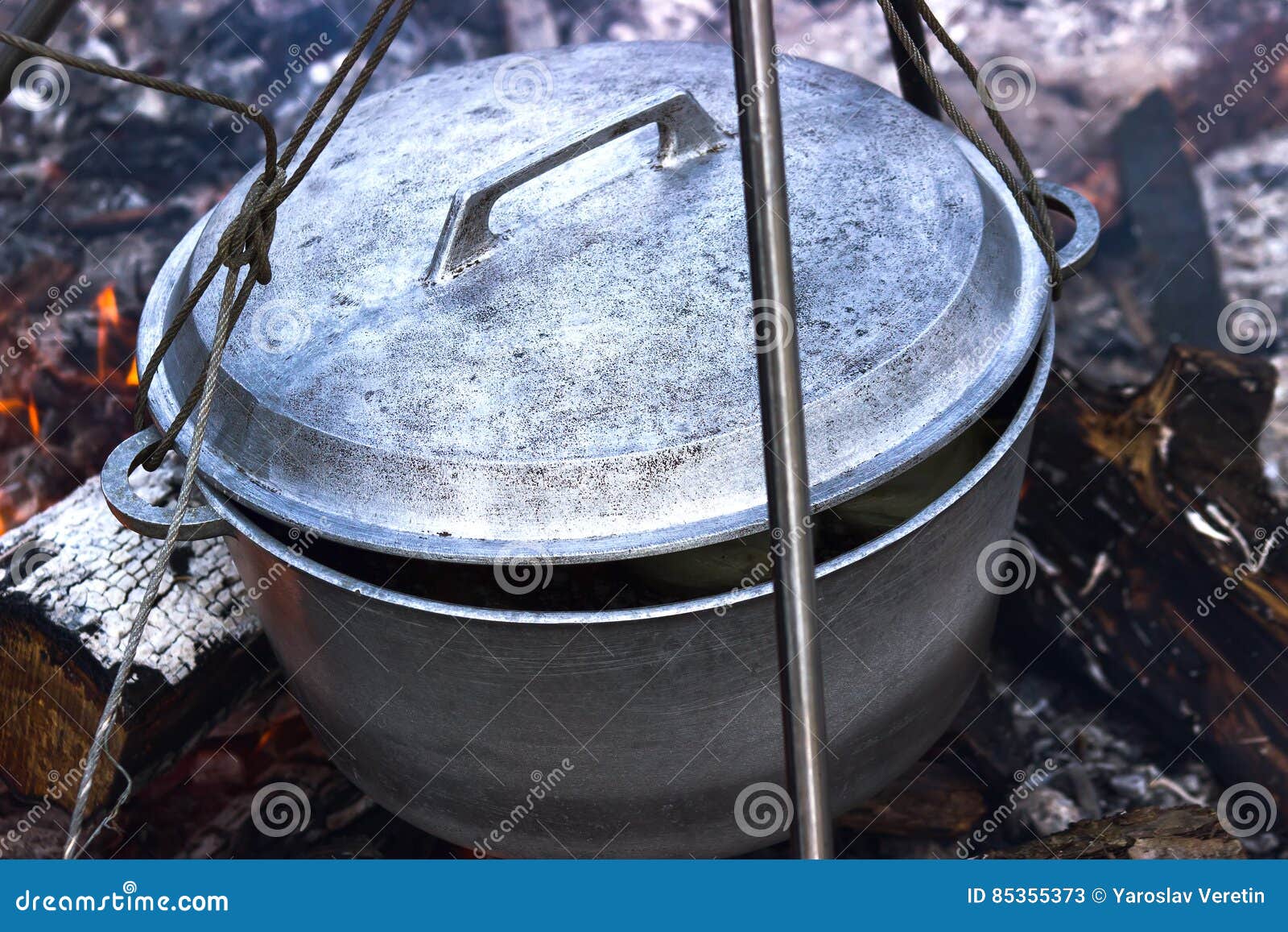 Cooking in Cauldron on Campfire at Forest Stock Image - Image of dirty ...