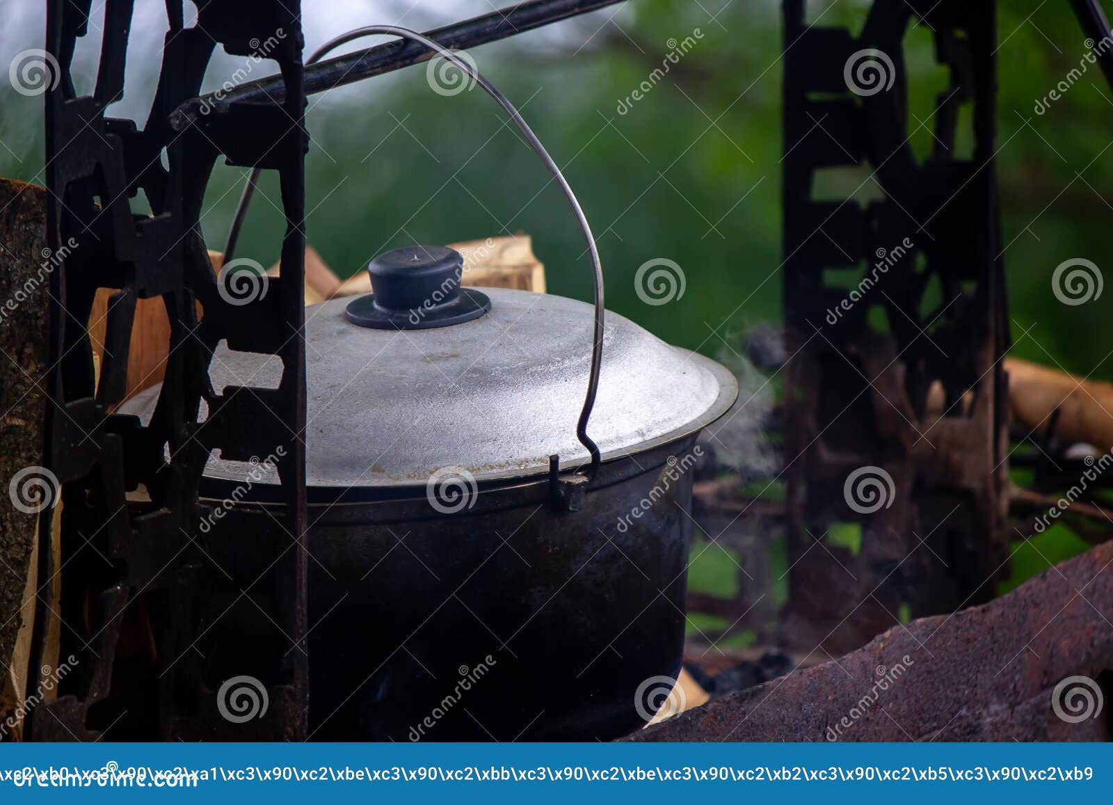 Cooking in Cauldron from Cast Iron on the Tripod Over the Open Fire ...