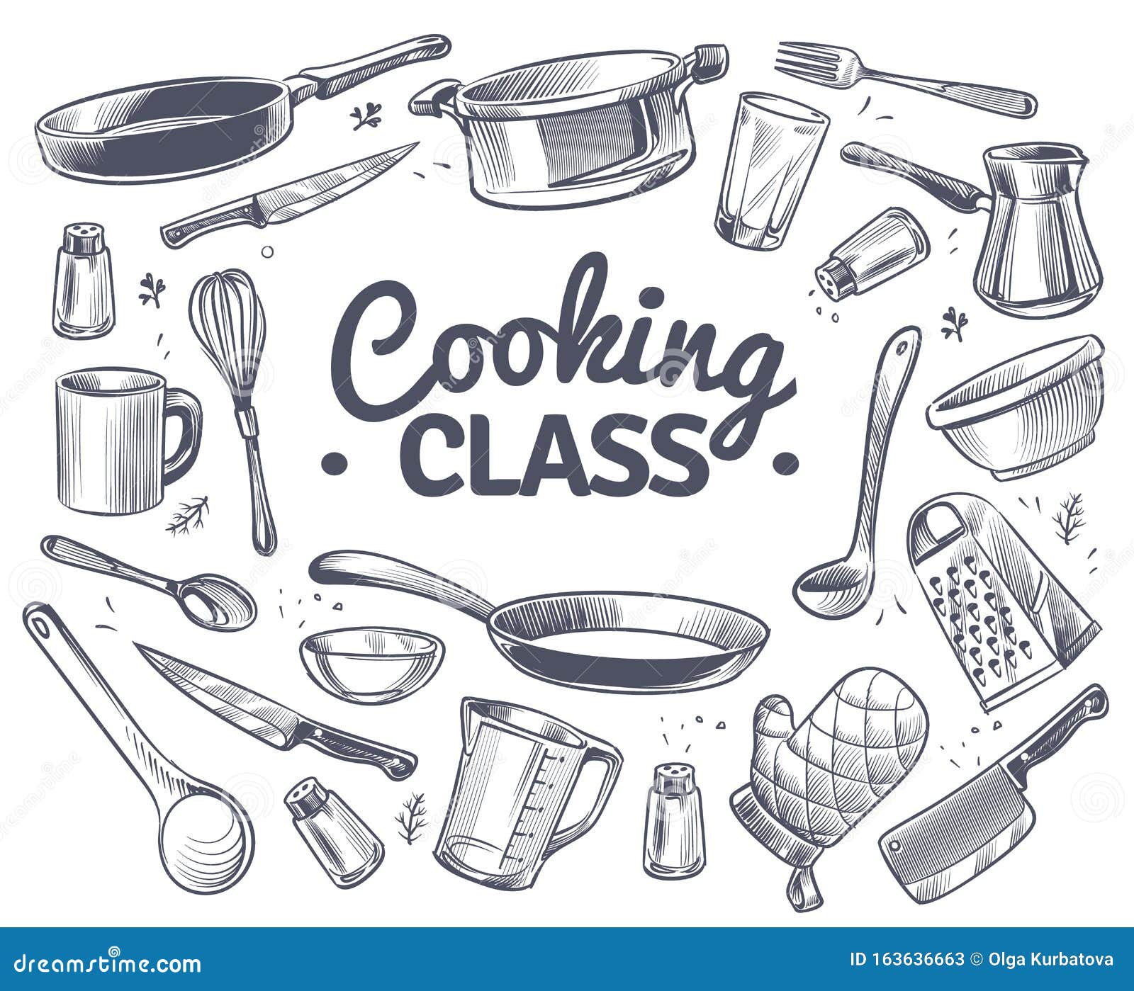 Cooking Class. Sketch Kitchen Tool, Kitchenware Stock Vector ...