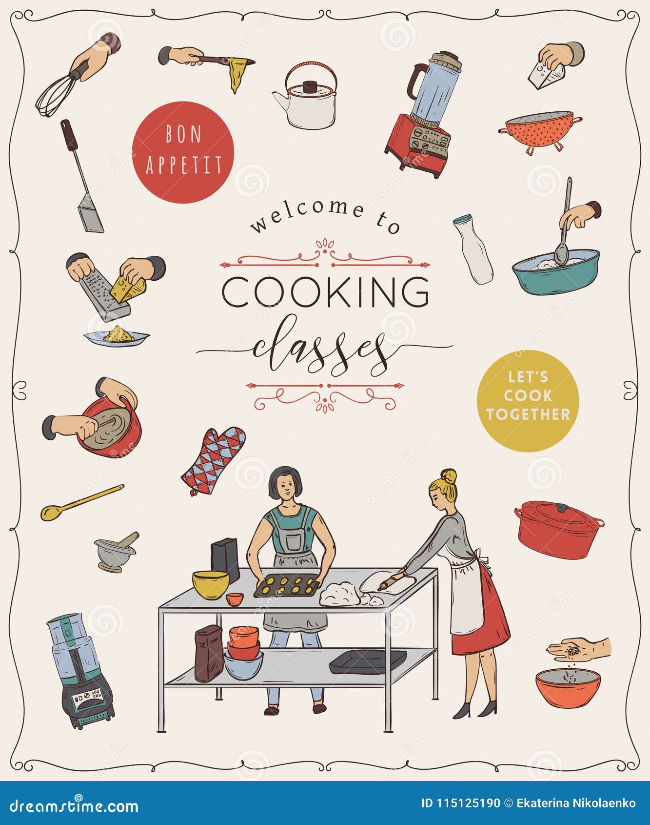 Cooking Classes.Design Template with People Preparing Meals and Kitchen ...