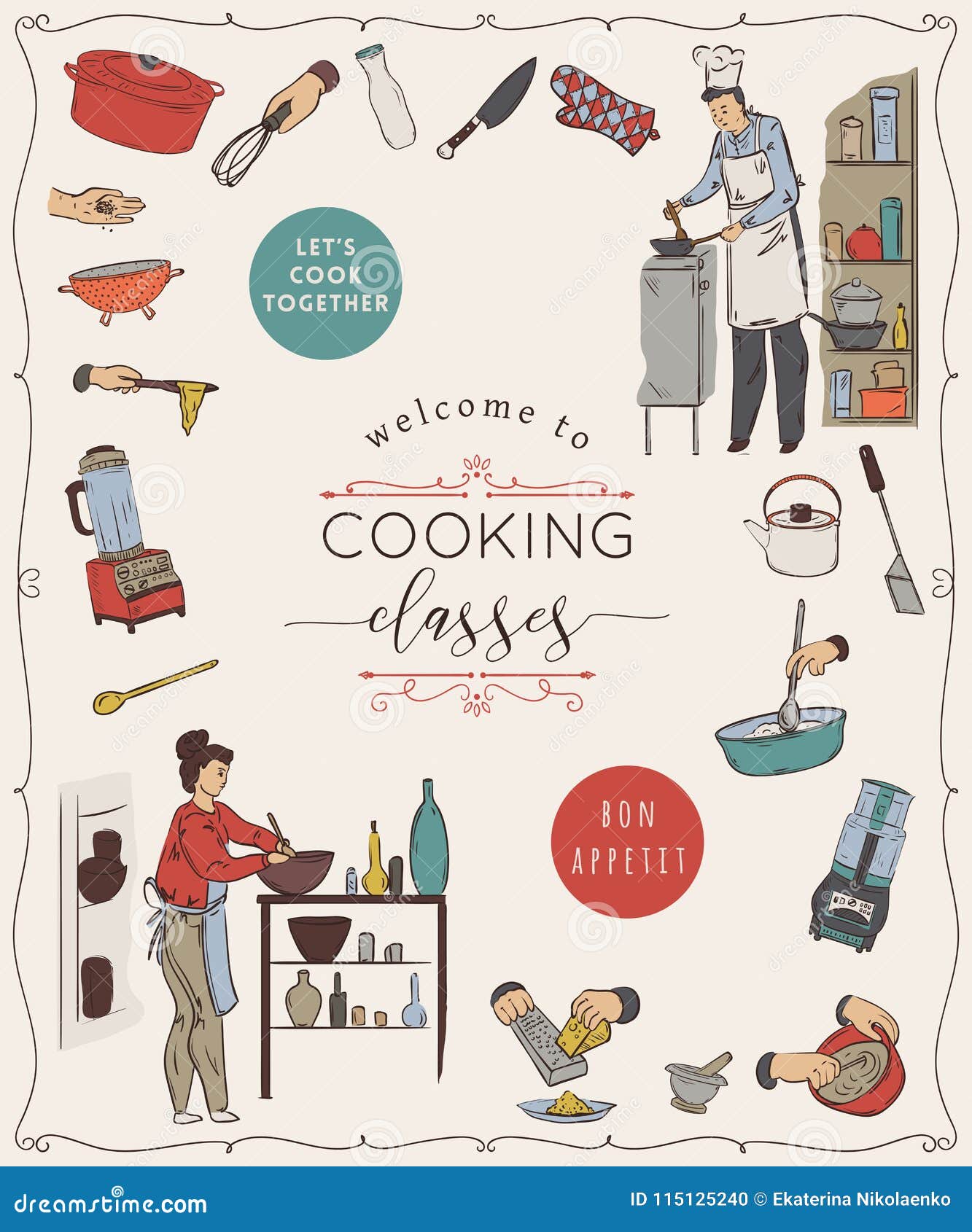 Cooking Classes.Design Template with People Preparing Meals and Kitchen ...