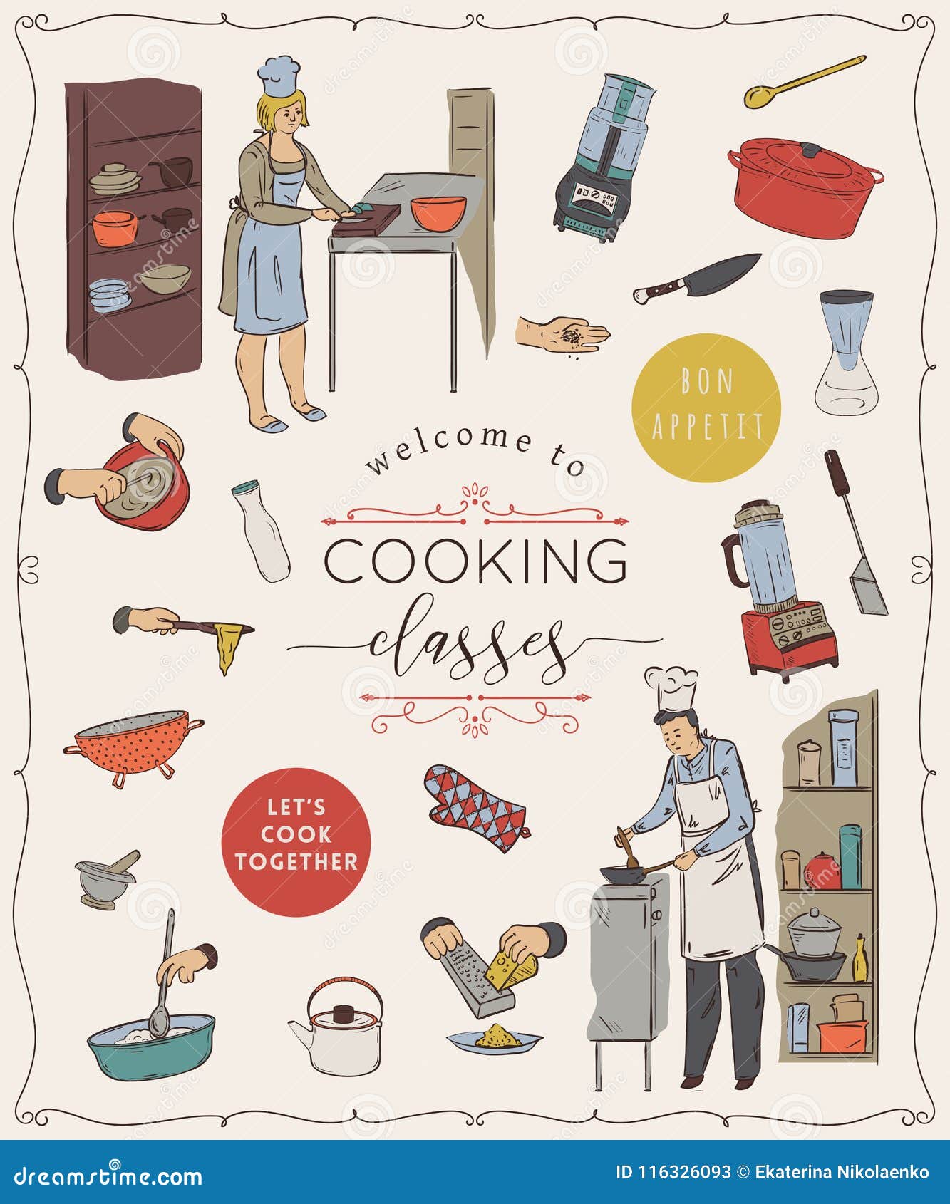 Cooking Classes.Design Template with People Preparing Meals, Kitchen ...