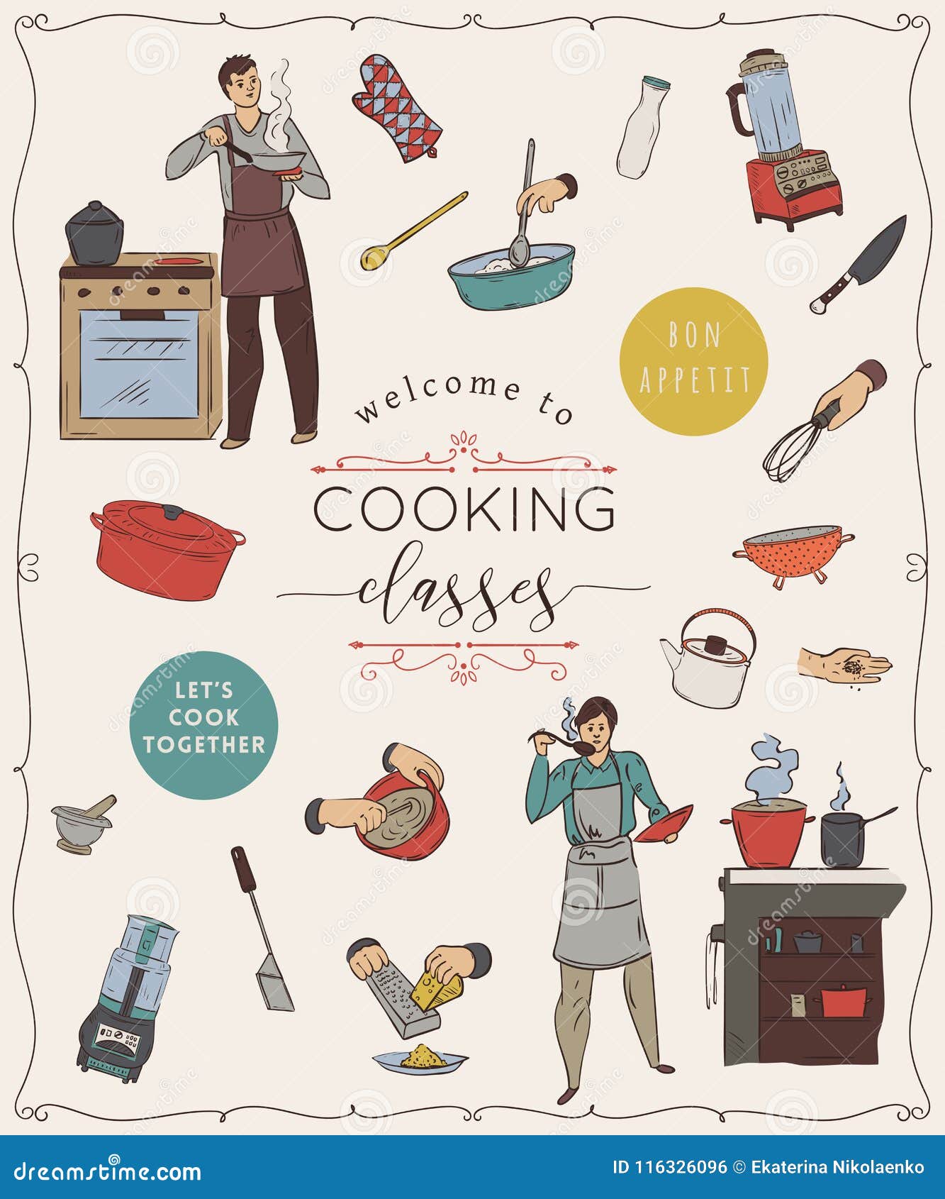 Cooking Classes.Design Template with People Preparing Meals, Kitchen ...