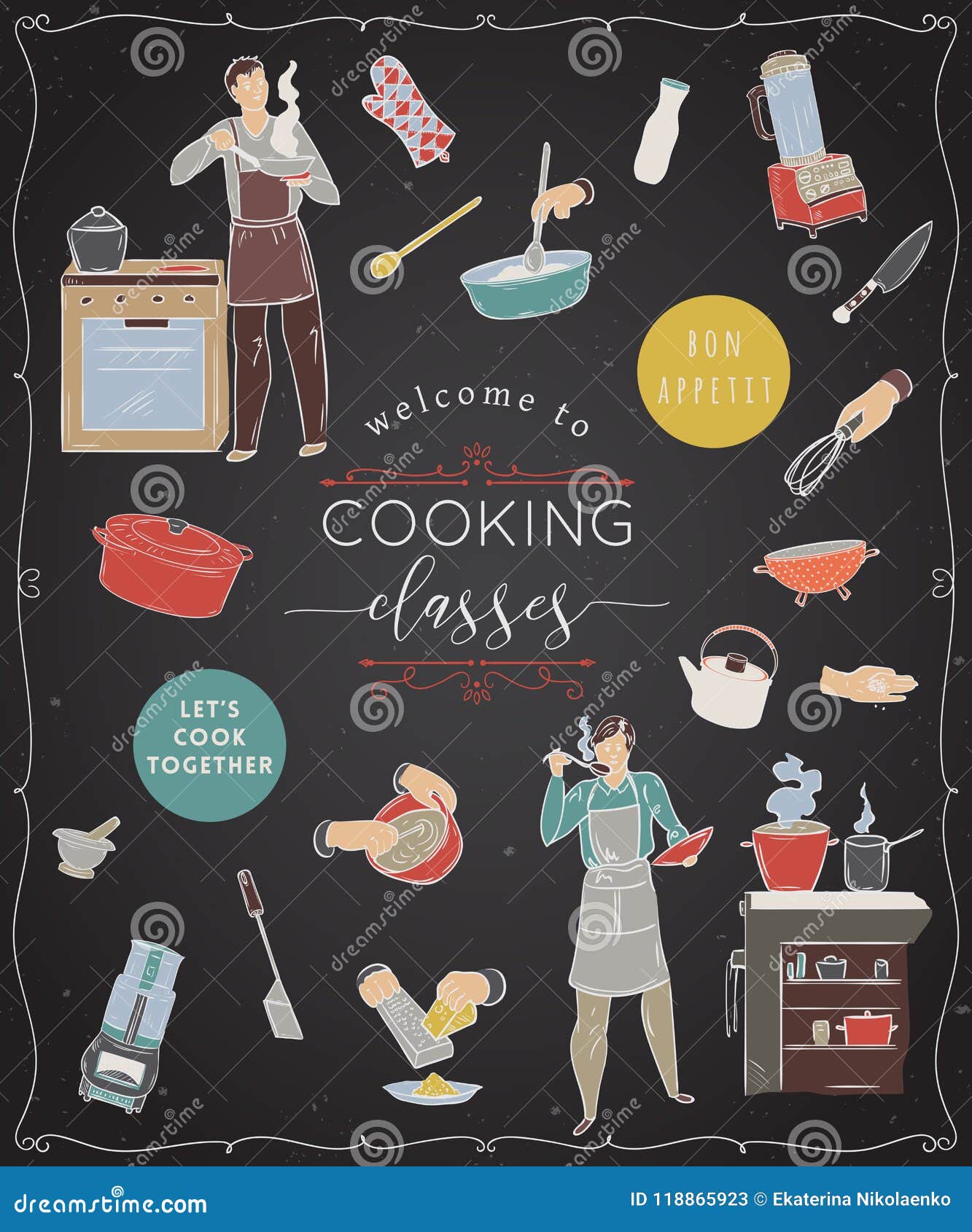 Cooking Classes.Design Template with People Preparing Meals, Kitchen ...