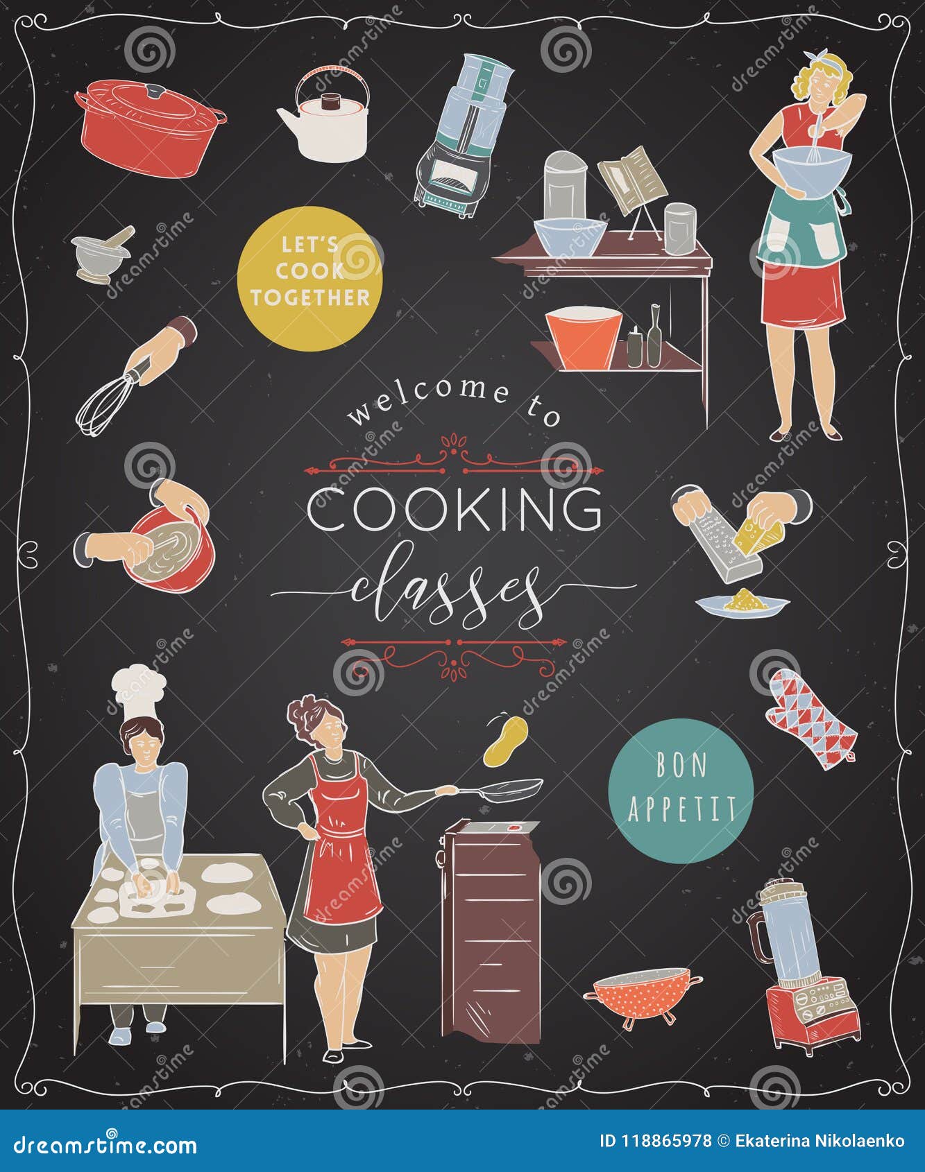 Cooking Classes.Design Template With People Preparing Meals, Kitchen ...
