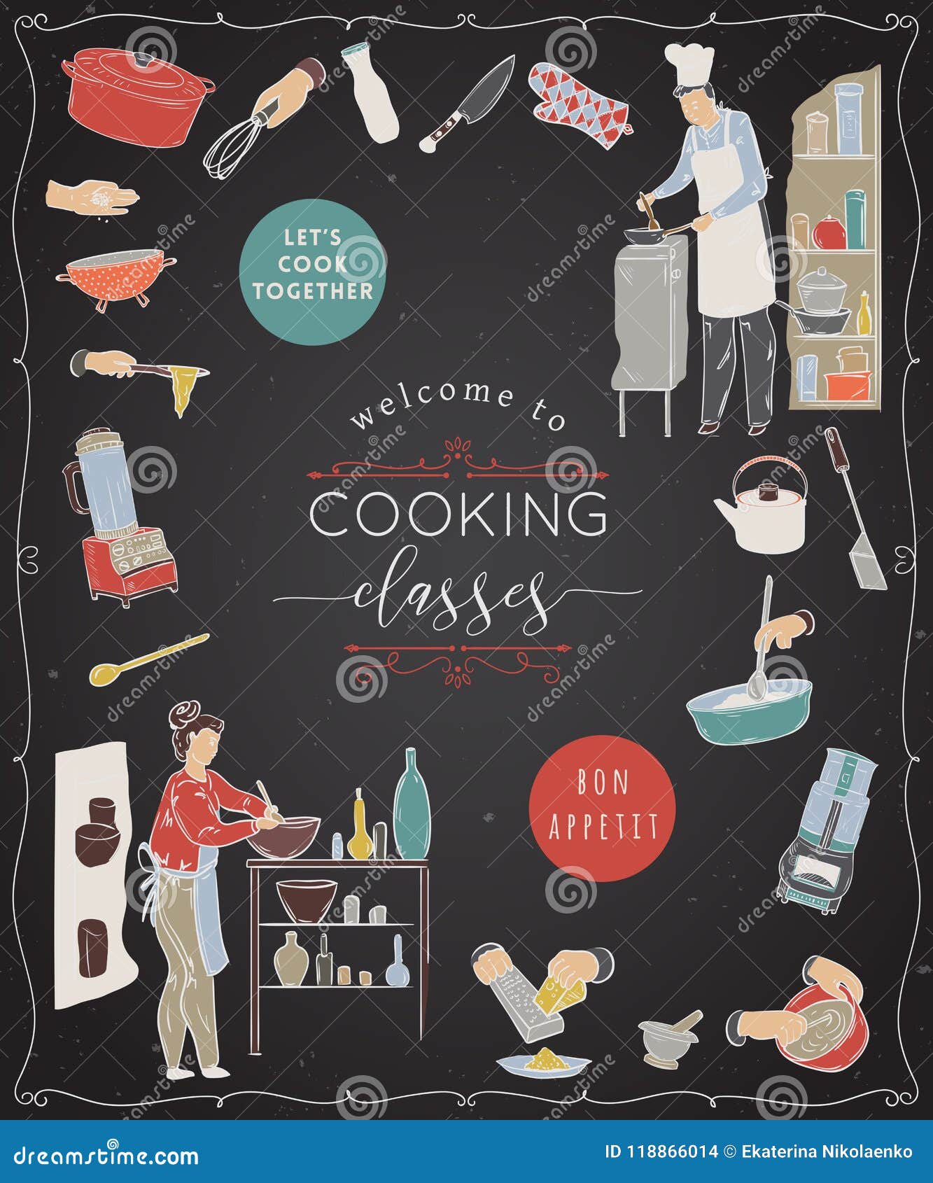 Cooking Classes.Design Template with People Preparing Meals, Kitchen ...