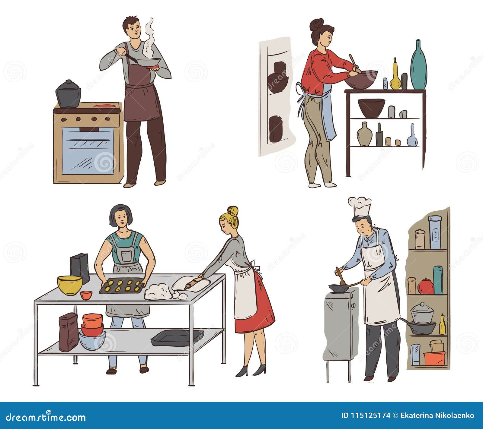 Cooking Classes. Group Of People Preparing Meals. Isolated Elements On ...