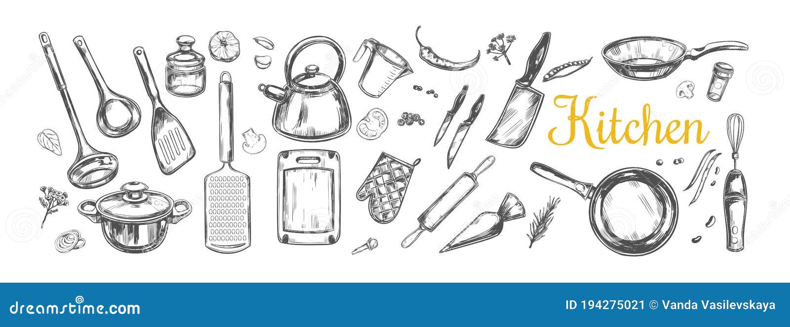 Cooking Classes And Kitchen Utensil Set. Vector Hand Drawn Isolated ...