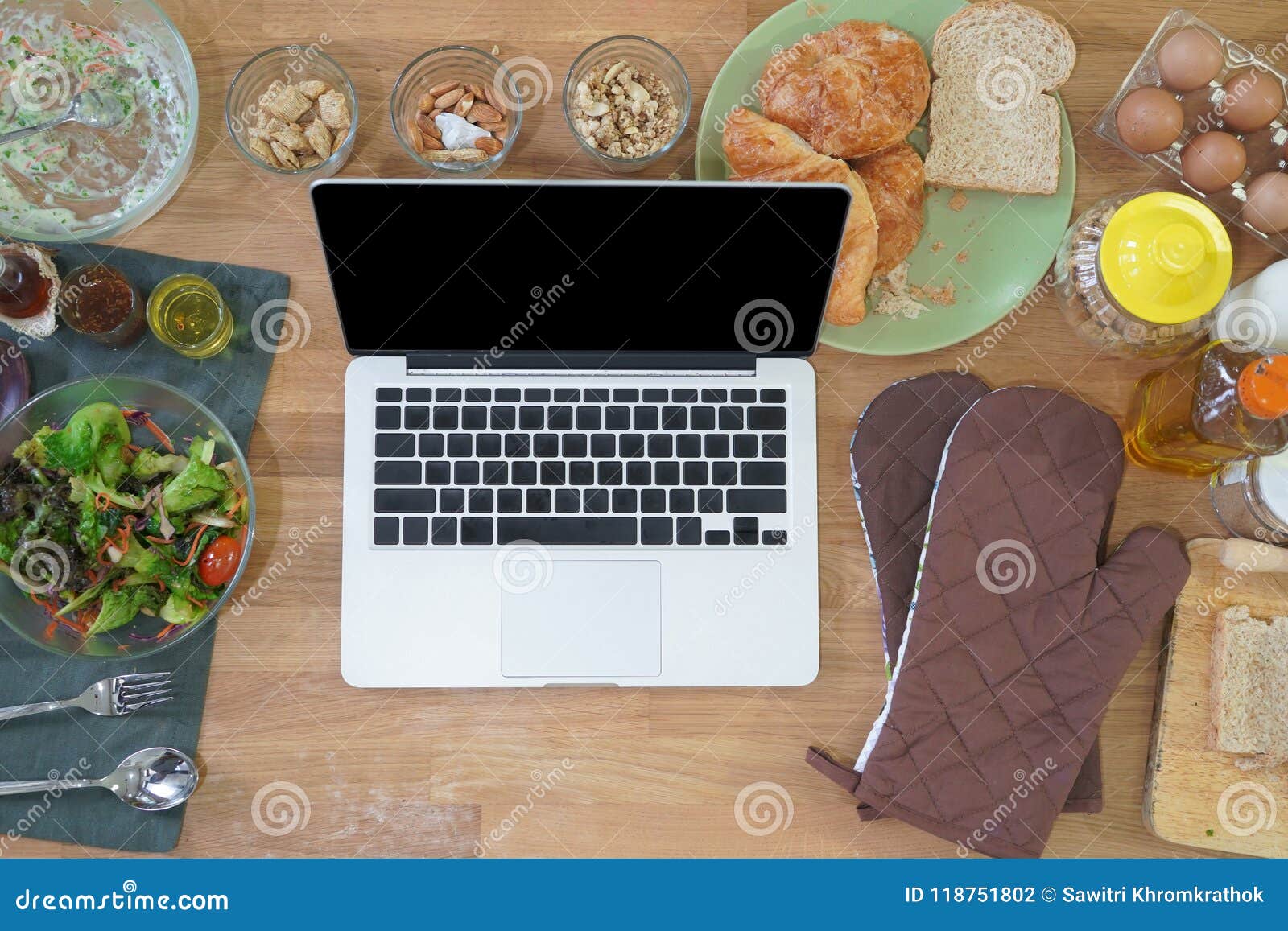 Cooking and Computer Laptop Concept Stock Photo - Image of desk ...