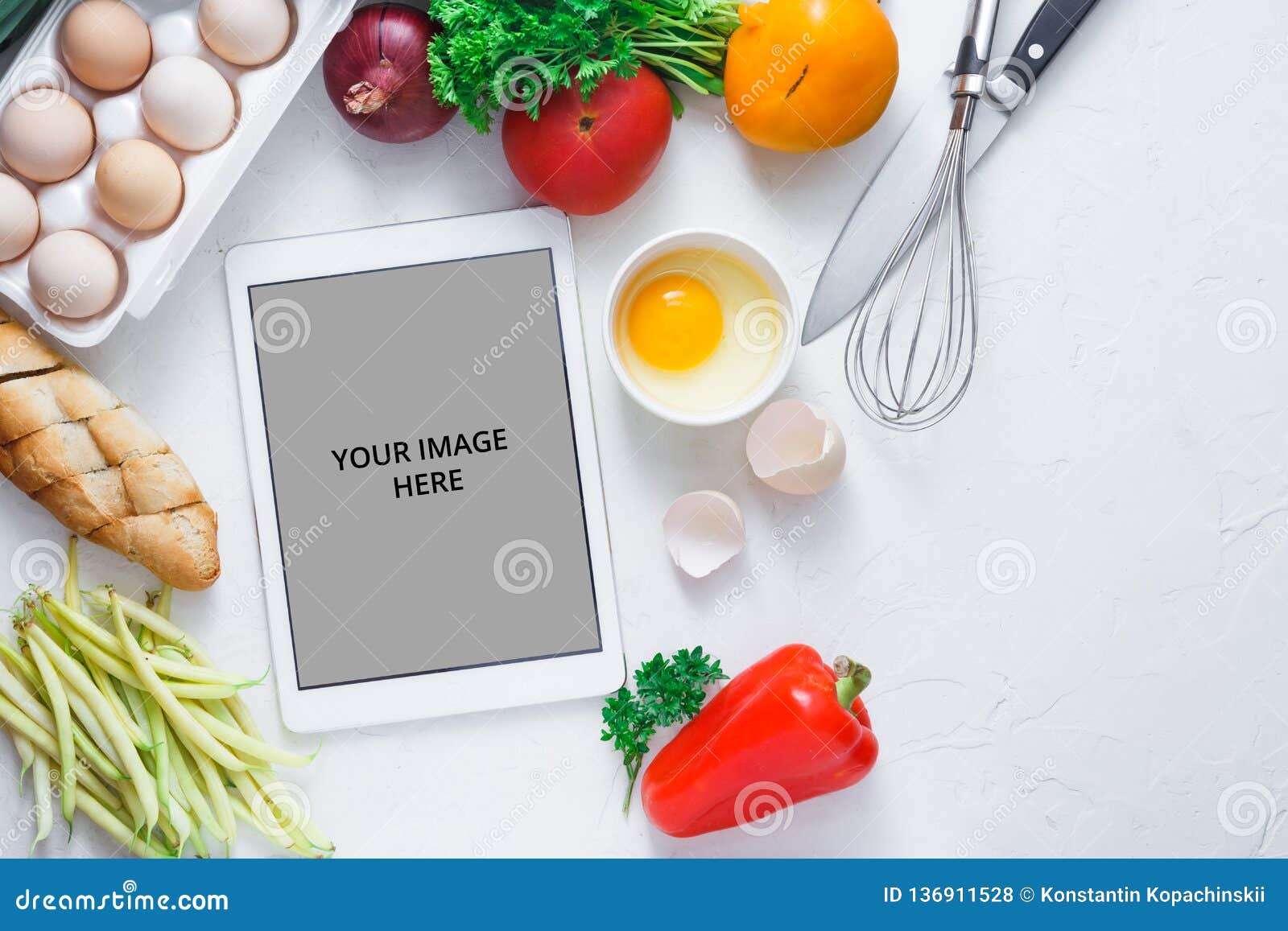 Cooking Concept, Tablet Computer and Breakfast Ingredient on White ...