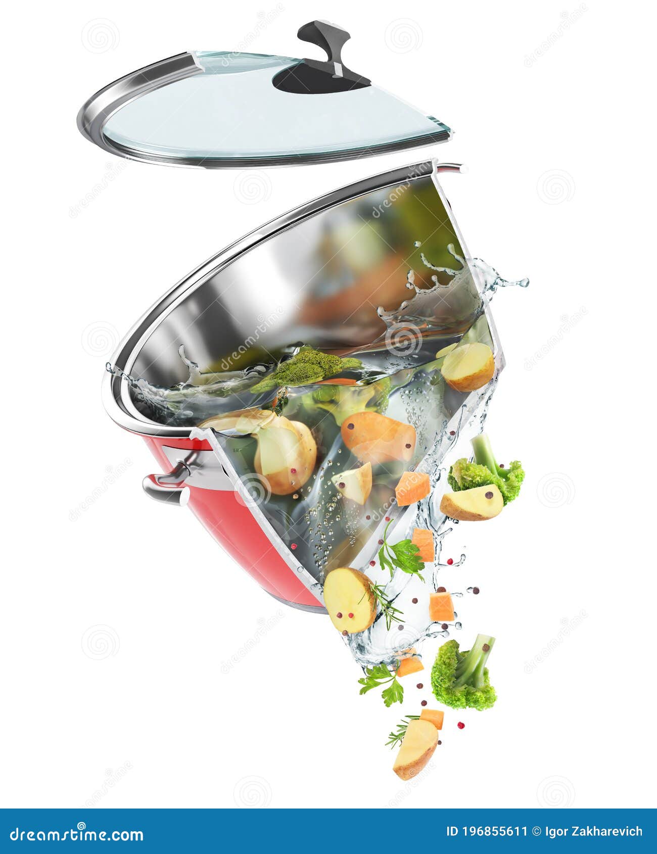 Cooking Concept. Vegetables in the Water Falling from Cut Saucepan ...