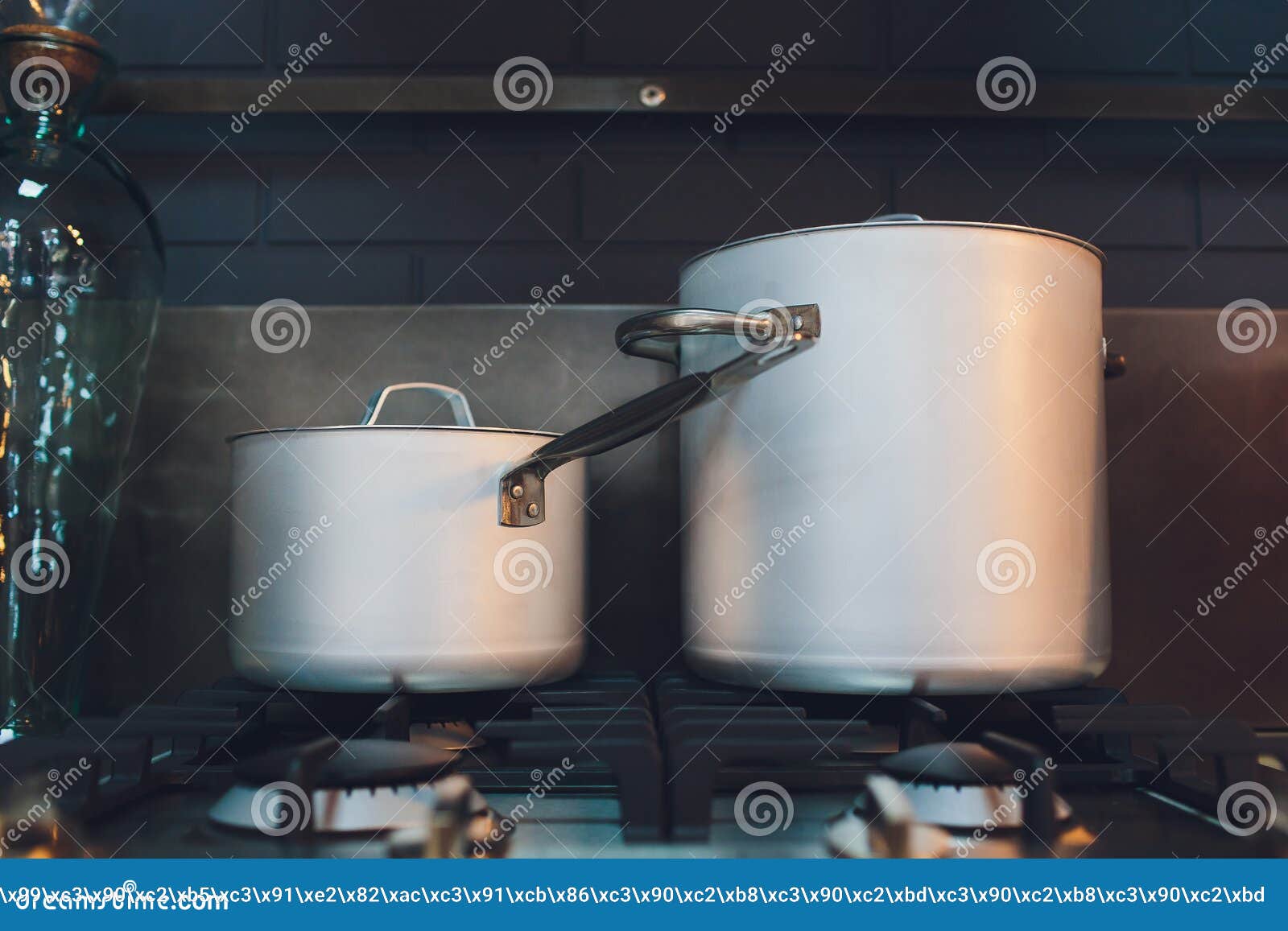 Cooking Dinner in Kitchen, Big and Small Pan. Stock Photo - Image of ...