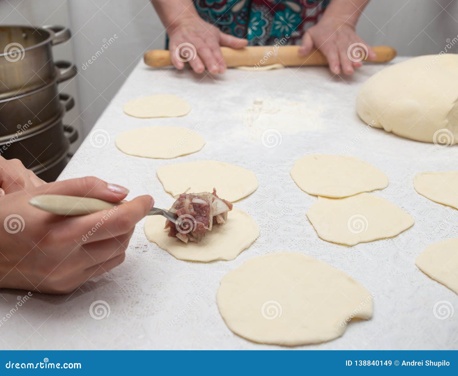Cooking Dough with Meat on the Table Stock Image - Image of kitchen ...