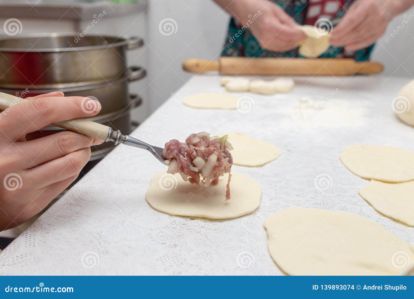 Cooking Dough with Meat on the Table Stock Photo - Image of white ...