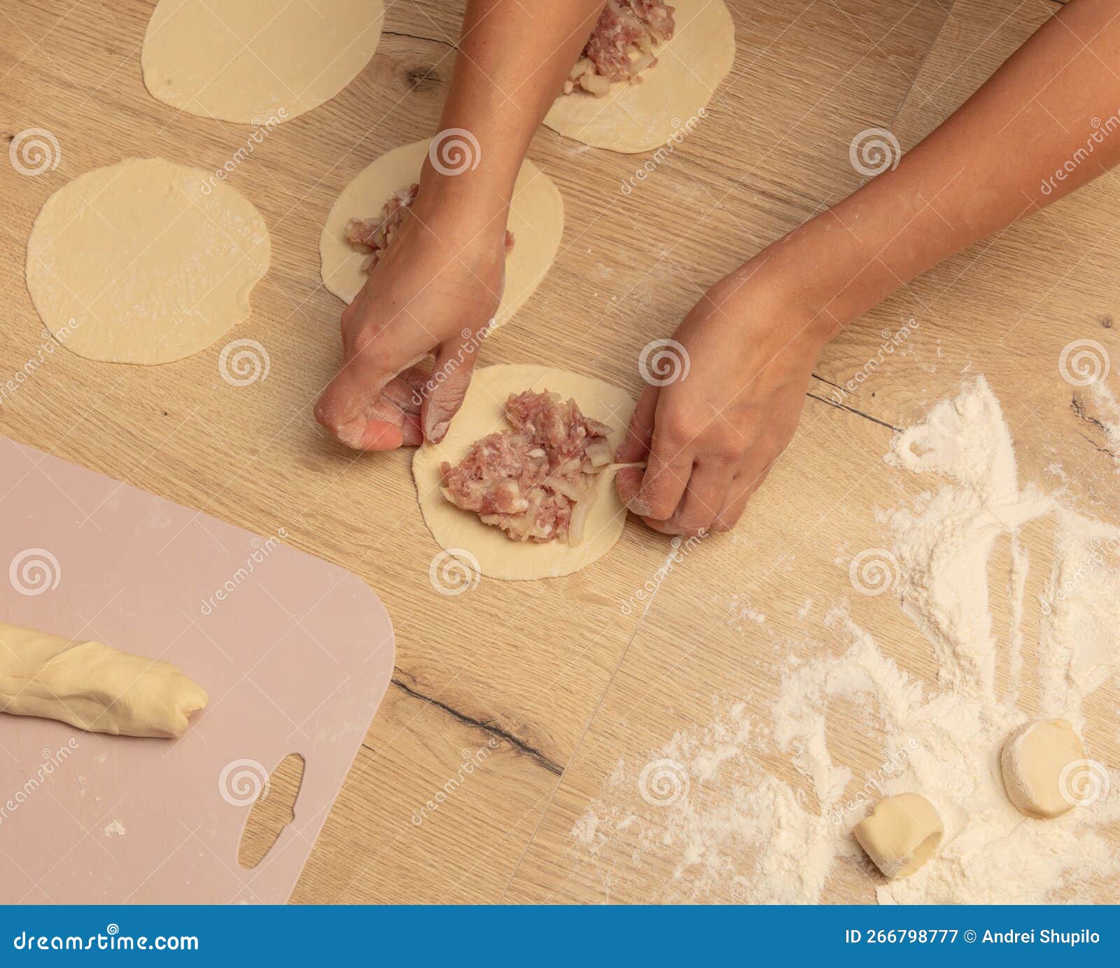Cooking Dough with Meat on the Table. Stock Image - Image of tasty ...