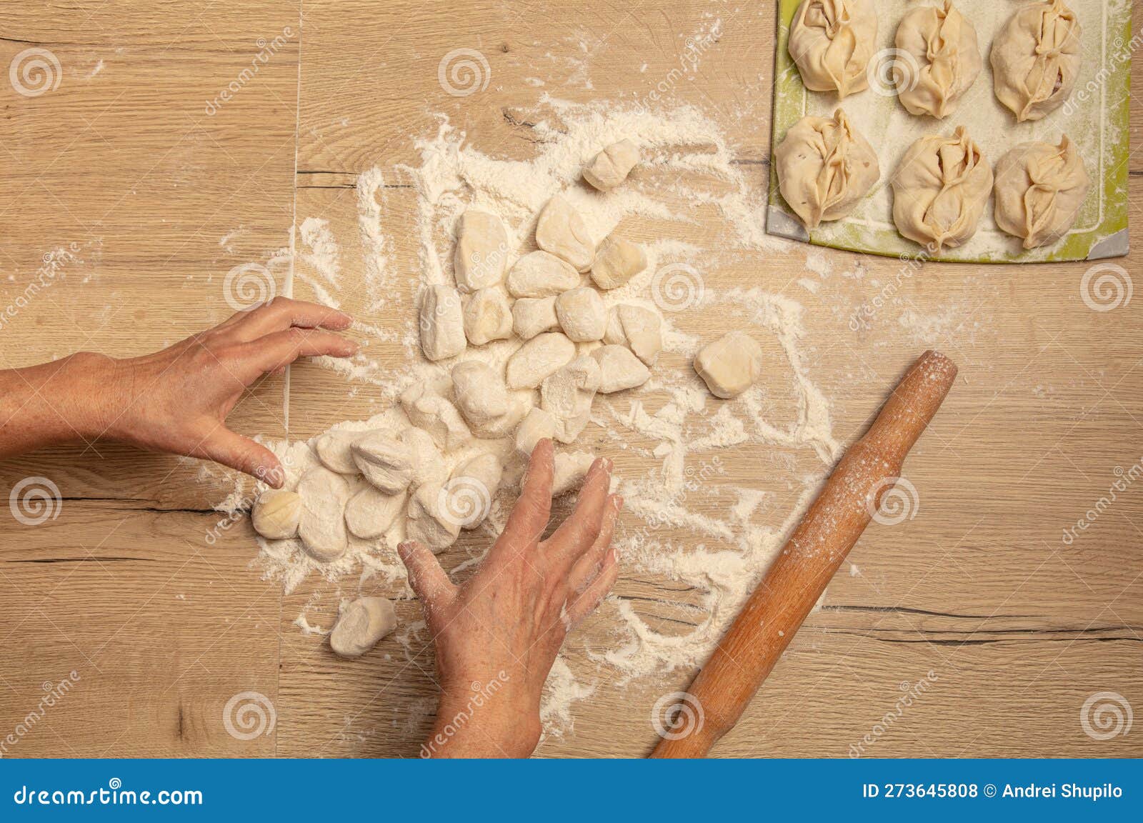 Cooking Dough with Meat on the Table. Stock Photo - Image of asia, hand ...