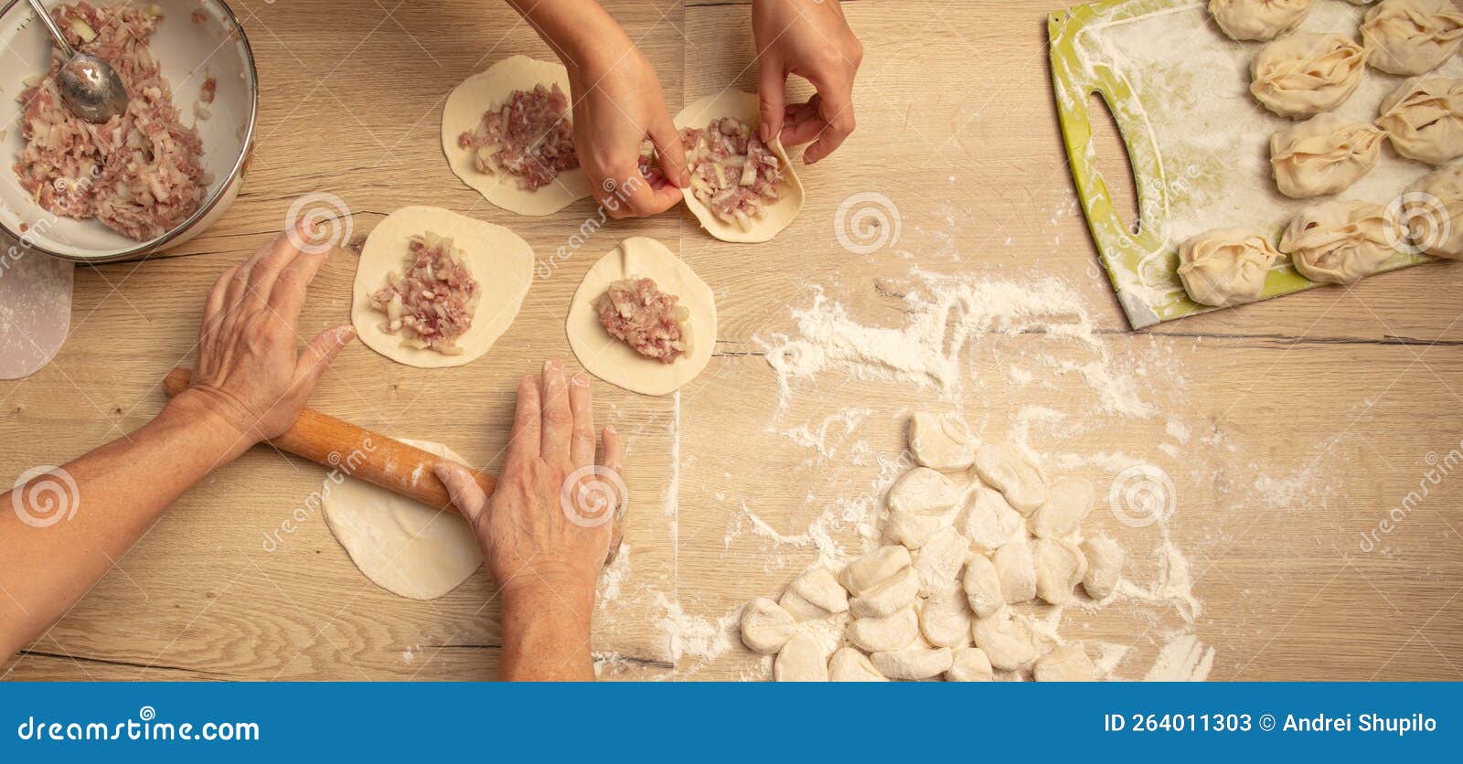 Cooking Dough with Meat on the Table. Stock Image - Image of food ...