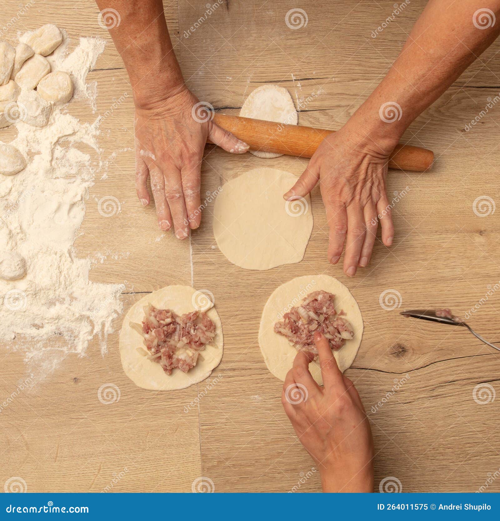 Cooking Dough with Meat on the Table. Stock Image - Image of manty ...