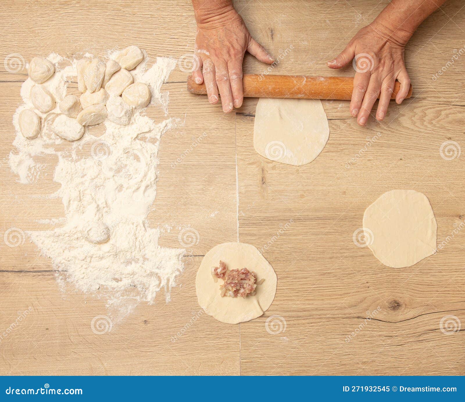 Cooking Dough with Meat on the Table. Stock Image - Image of meal ...