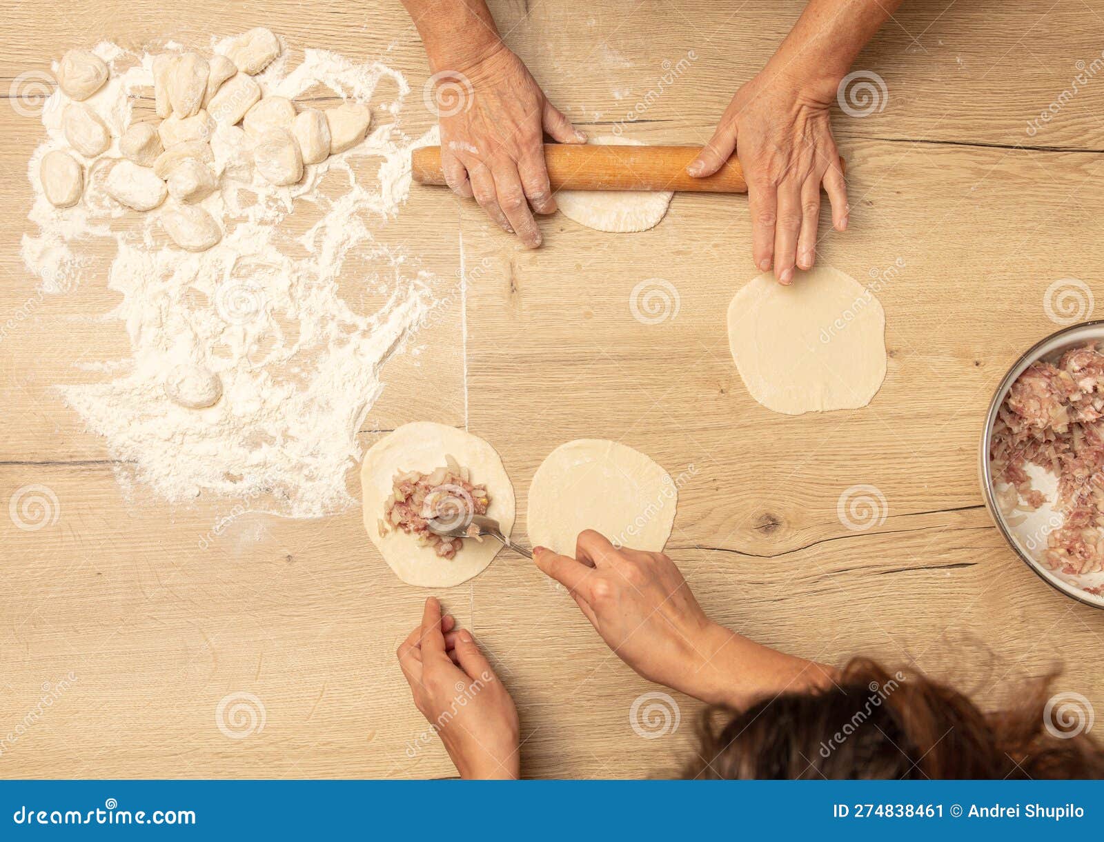 Cooking Dough with Meat on the Table. Stock Image - Image of manty ...