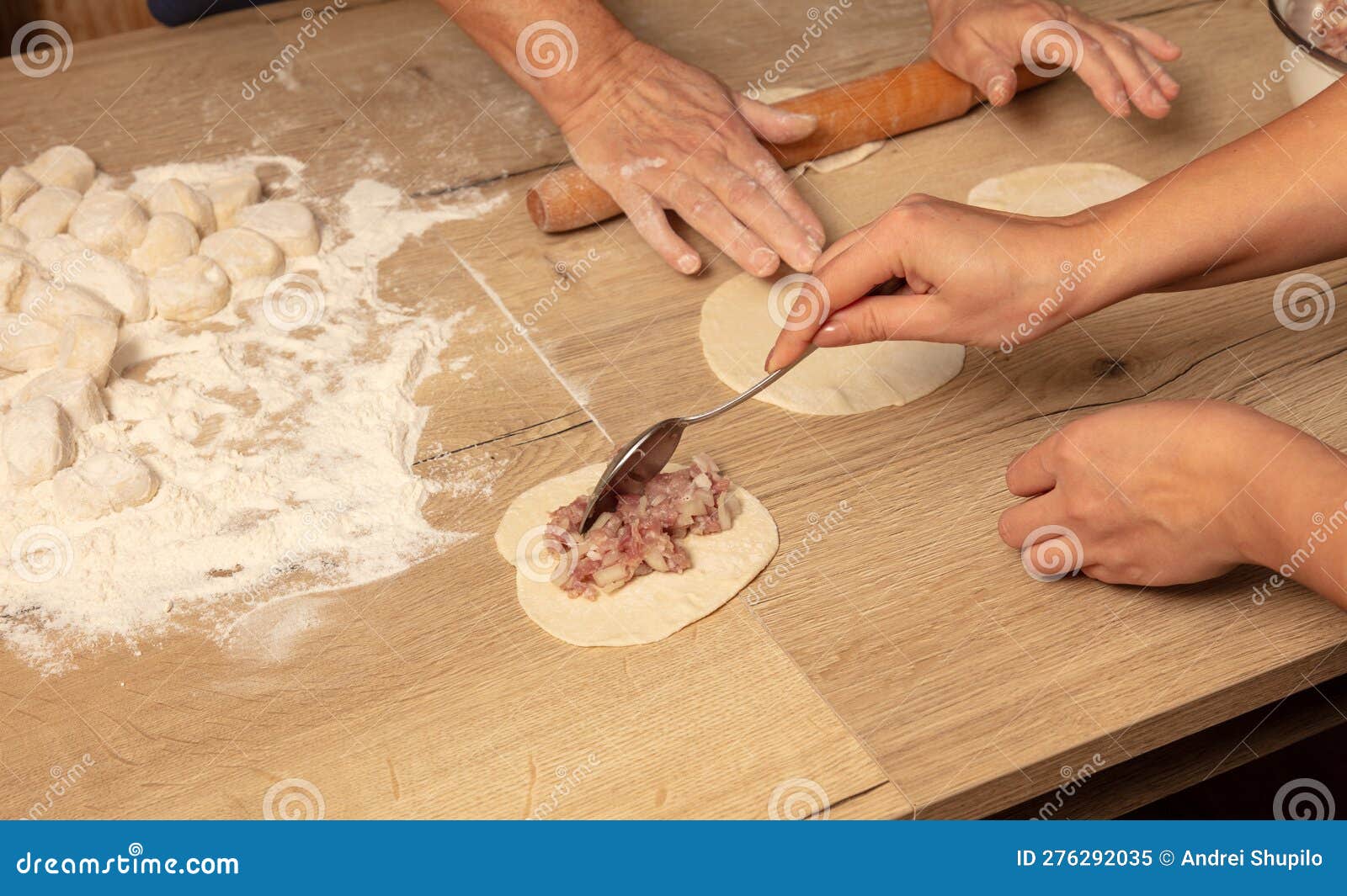 Cooking Dough with Meat on the Table. Stock Image - Image of delicious ...