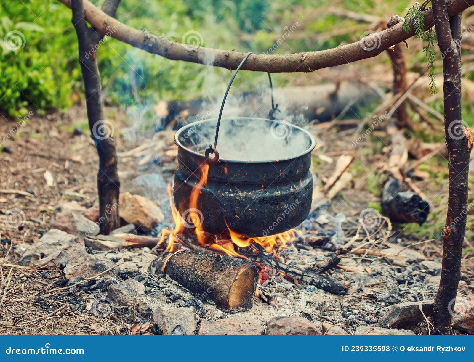 Cooking in Field Conditions, Boiling Pot at the Campfire Stock Photo ...