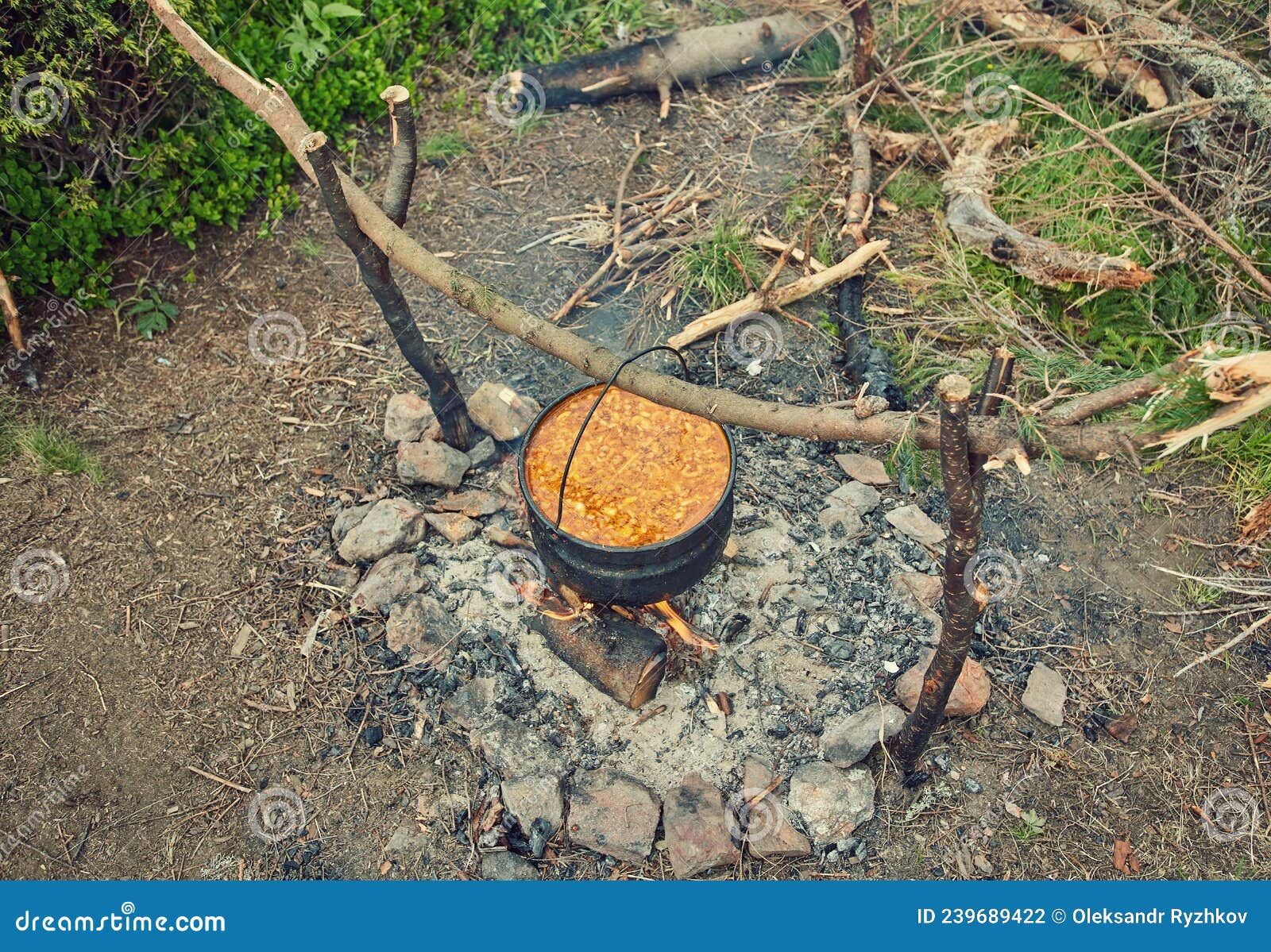 Cooking in Field Conditions, Boiling Pot at the Campfire Stock Photo ...