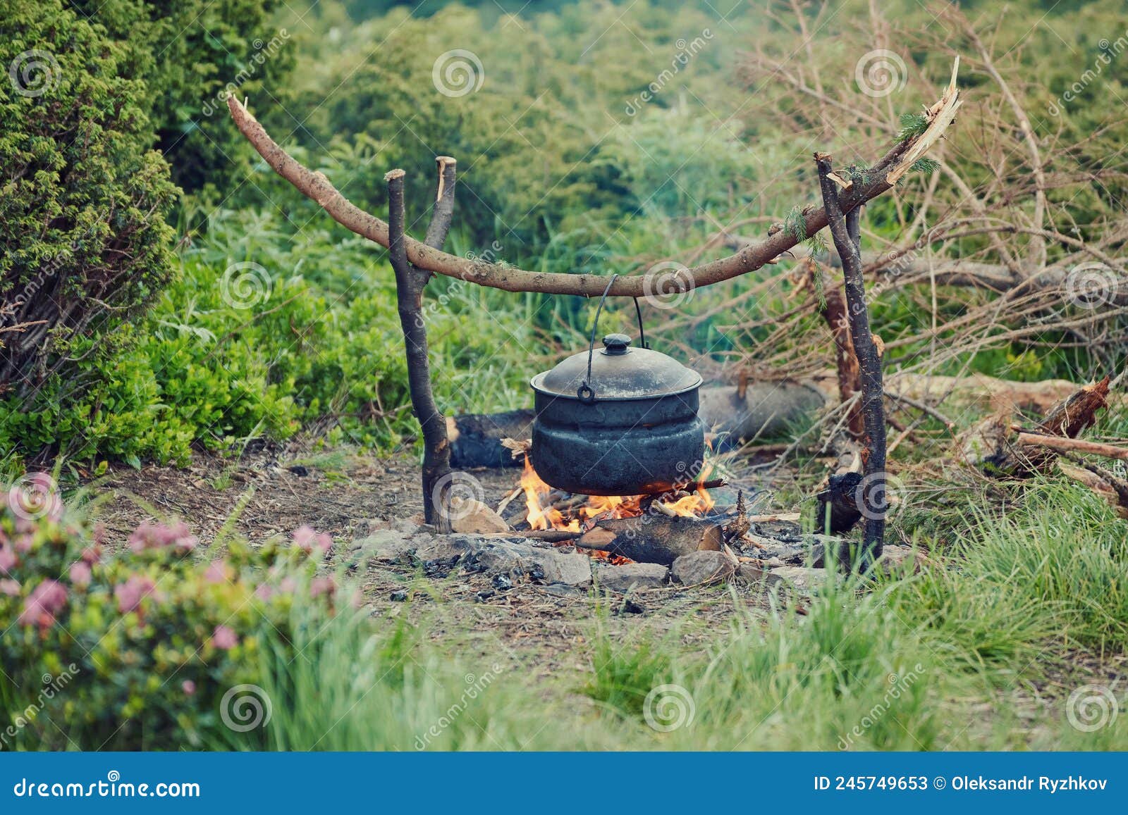 Cooking in Field Conditions, Boiling Pot at the Campfire Stock Image ...