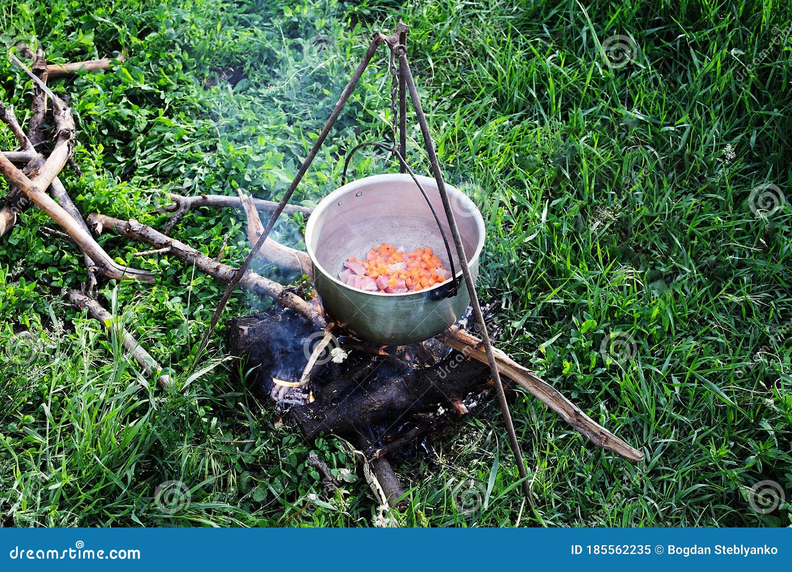 Cooking on a Fire in a Boiler in the Field Stock Image - Image of ...