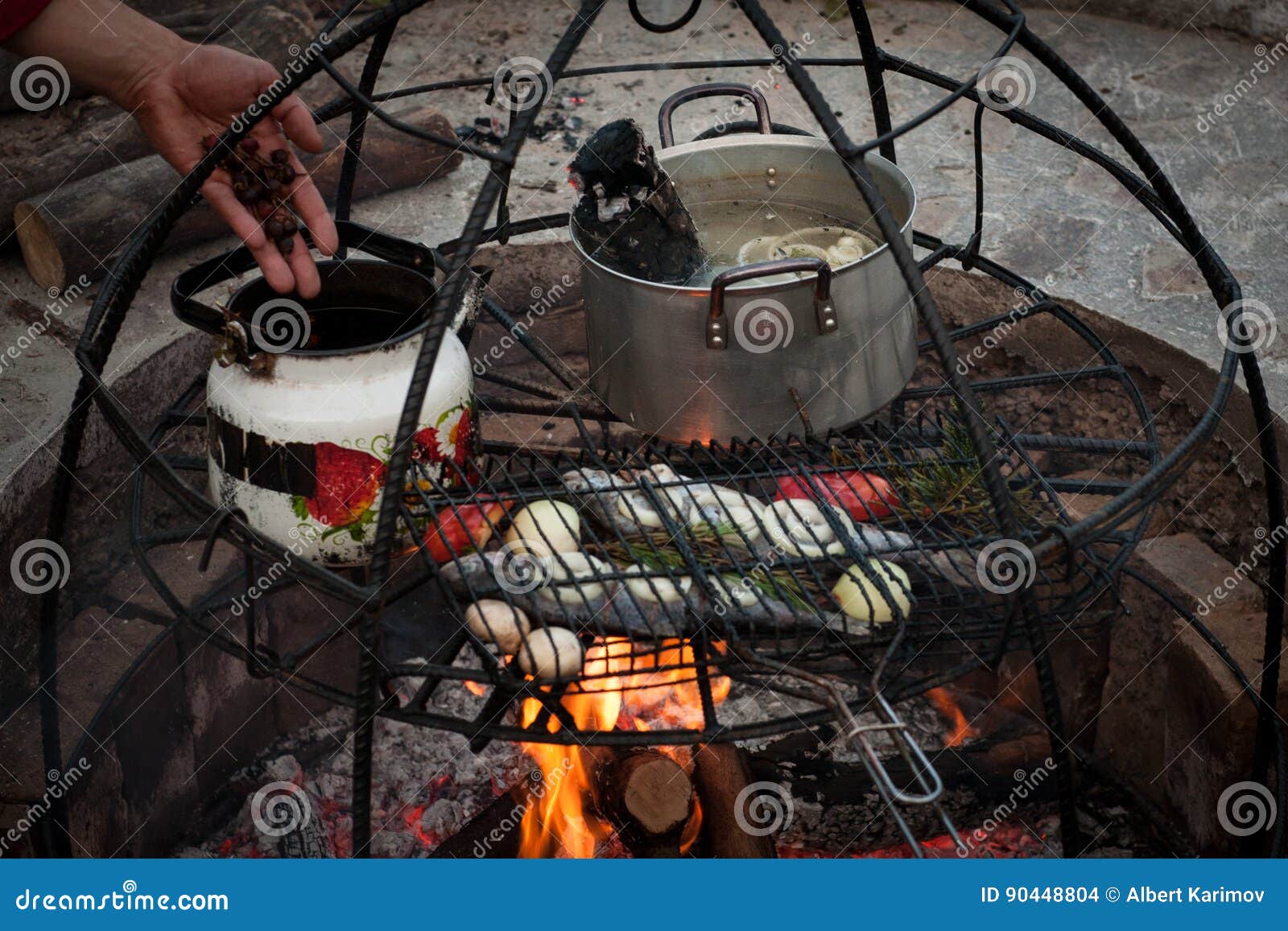Cooking on fire stock photo. Image of flame, food, grating - 90448804