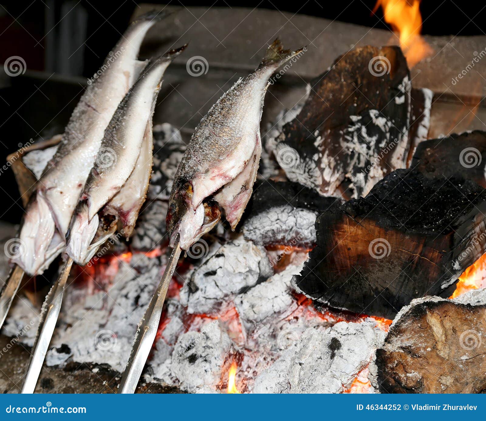 Cooking Fish Grilled Over Hot Coals Bonfire Stock Photo - Image of ...