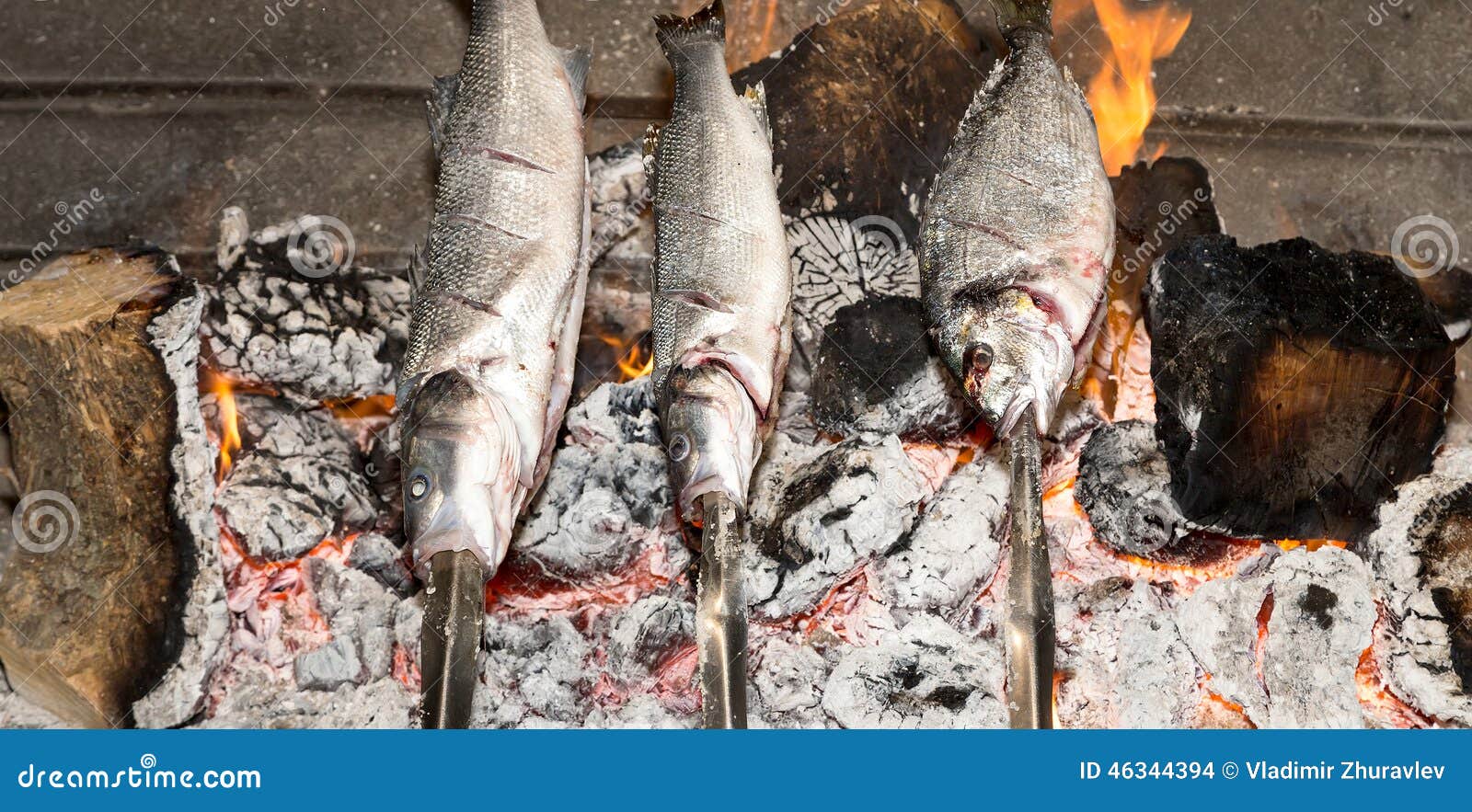 Cooking Fish Grilled Over Hot Coals Bonfire Stock Photo - Image of ...