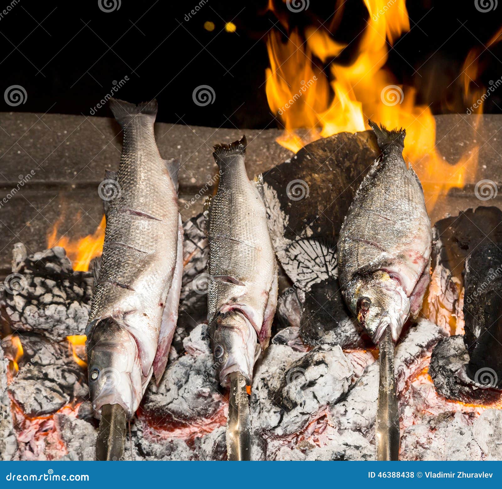 Cooking Fish Grilled Over Hot Coals Bonfire Stock Photo - Image of ...