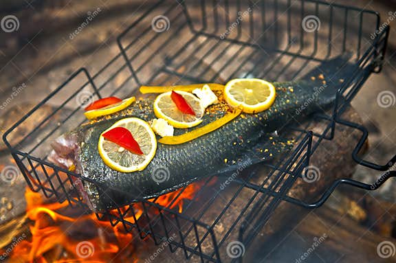 Cooking Fish Over Open Fire Stock Photo - Image of bass, freshwater ...