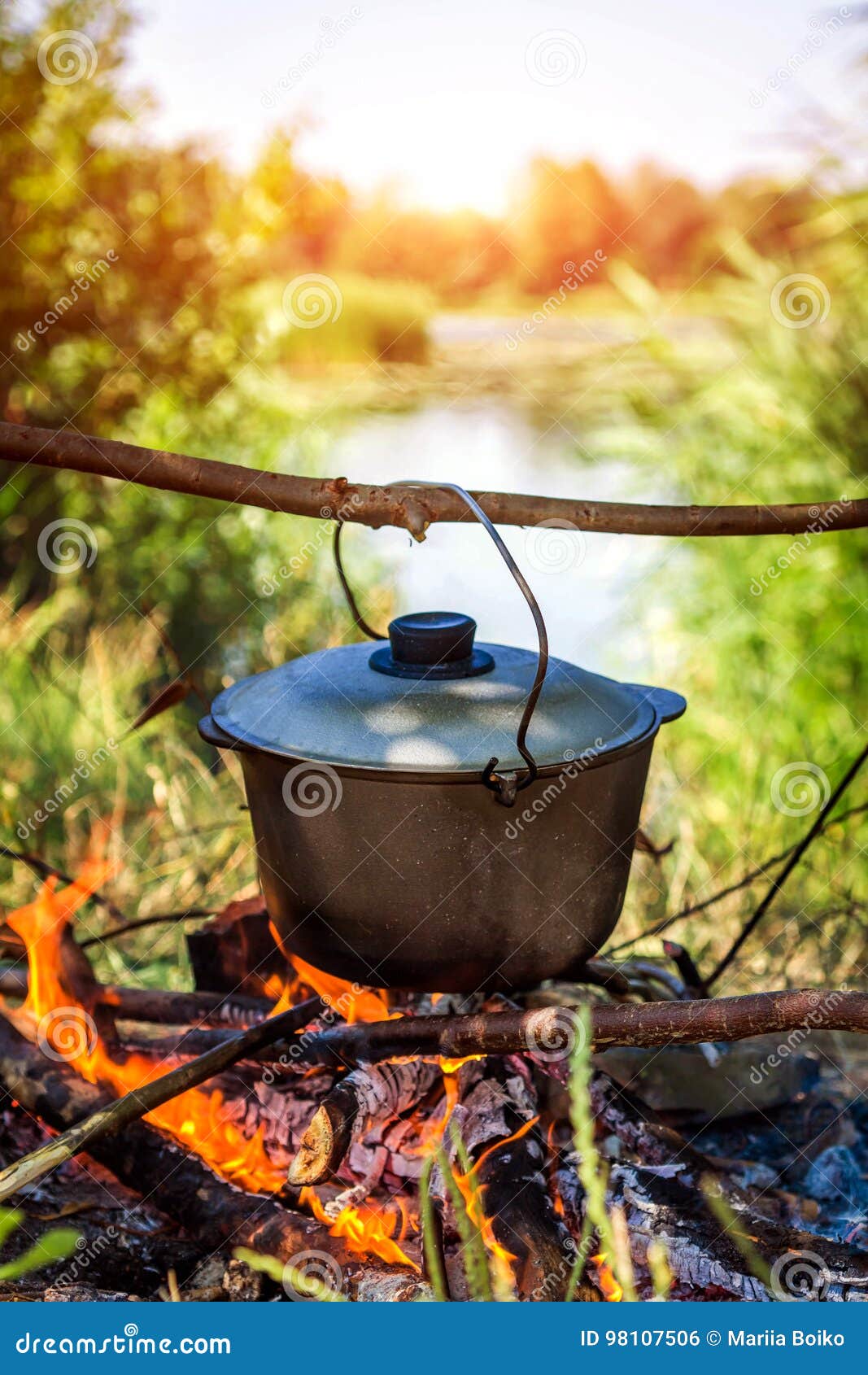 Cooking Food in a Pot on Campfire Stock Photo - Image of gulasch, boil ...