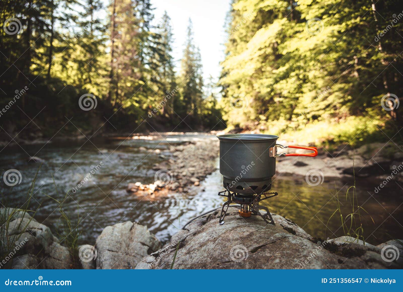 Cooking Food Using Camping Gas during the Hike. Stock Image - Image of ...