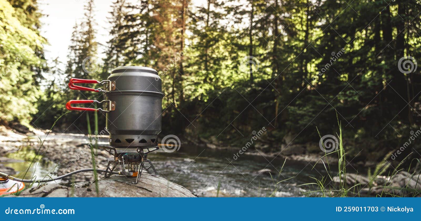 Cooking Food Using Camping Gas during the Hike. Stock Image - Image of ...
