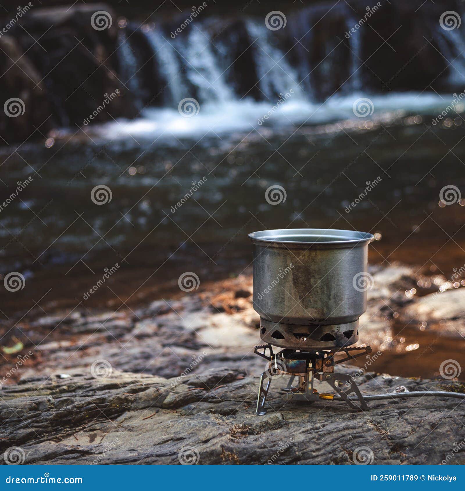 Cooking Food Using Camping Gas during the Hike. Stock Image - Image of ...