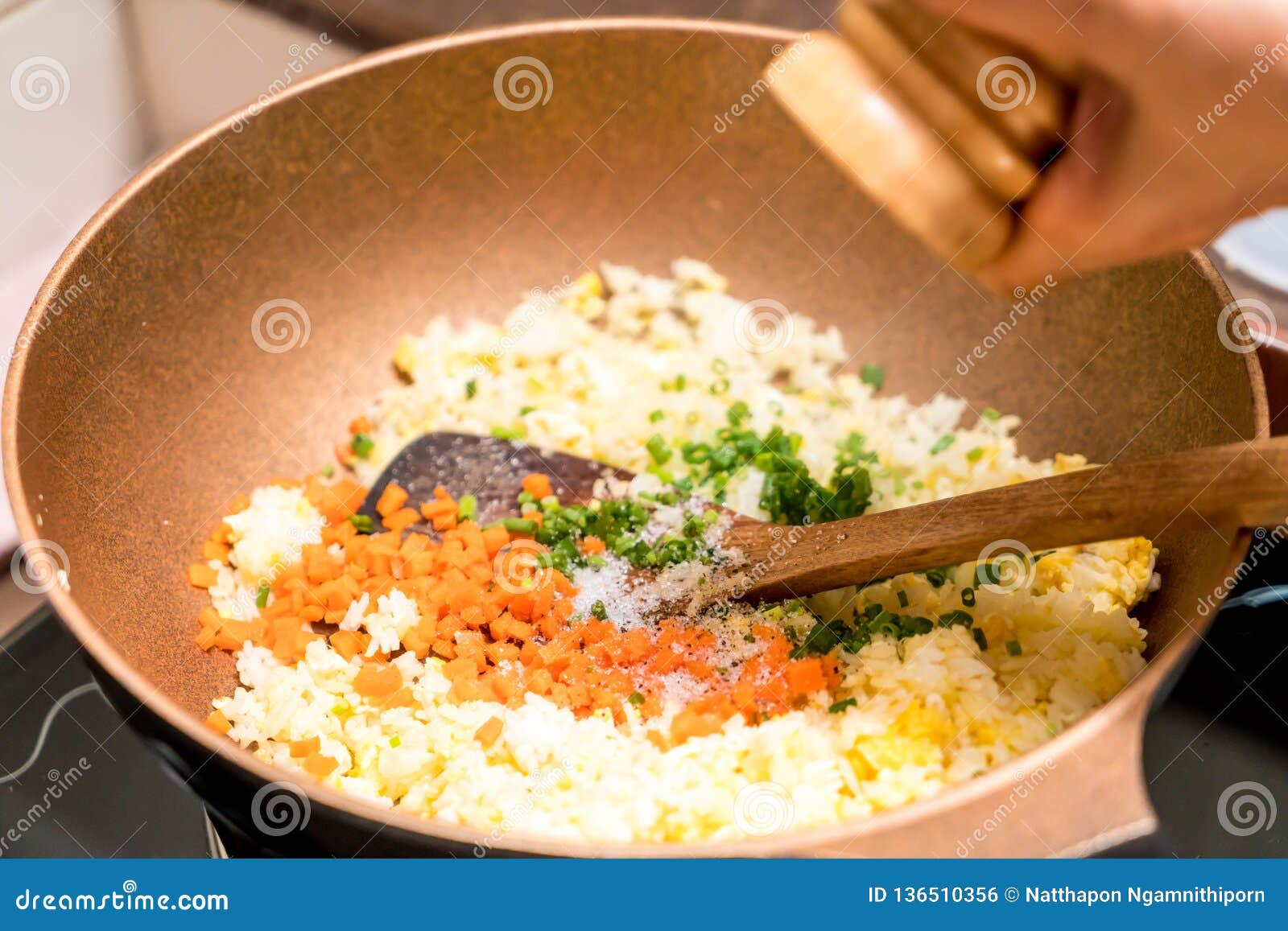 Cooking fried rice stock photo. Image of vegetable, onion - 136510356