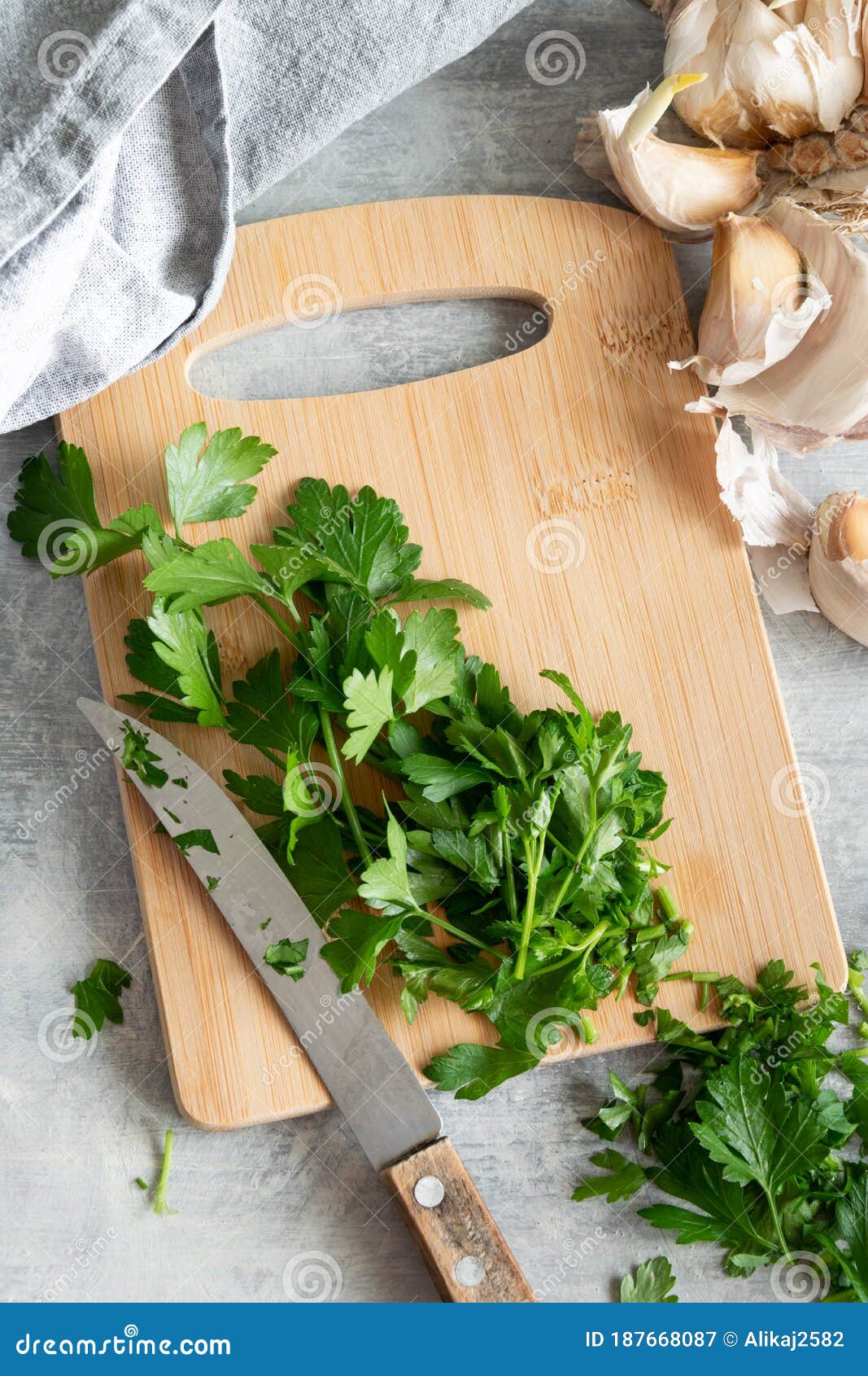 Cooking Greenery, Fresh Raw Parsley and Garlic on Kitchen Table Stock Image - Image of heap ...